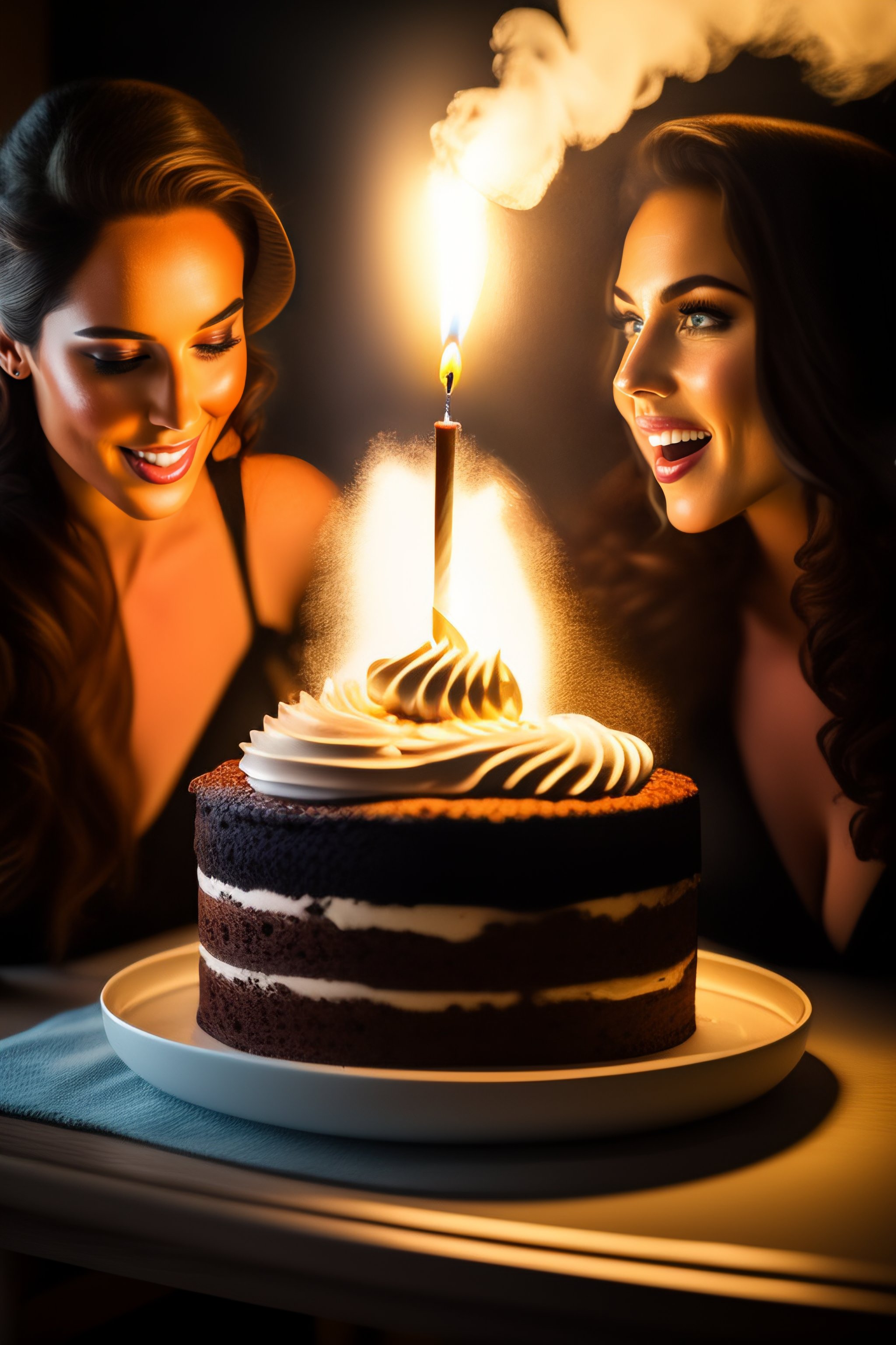 Lexica - Friends blowing out candles on an exploding chocolate cake