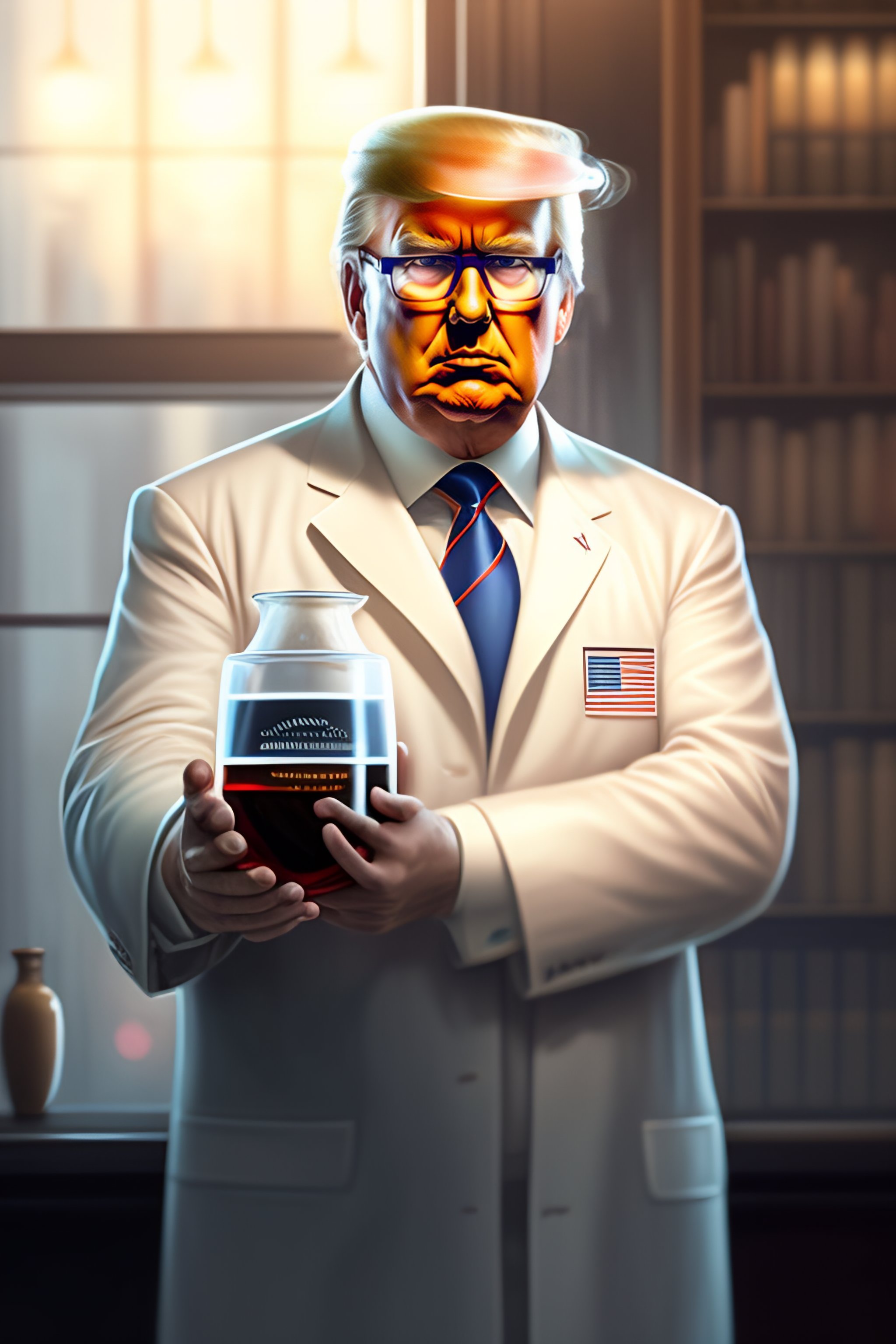 Lexica - Donald Trump holds a ehrlenmeyer flask at eye level, wearing a ...