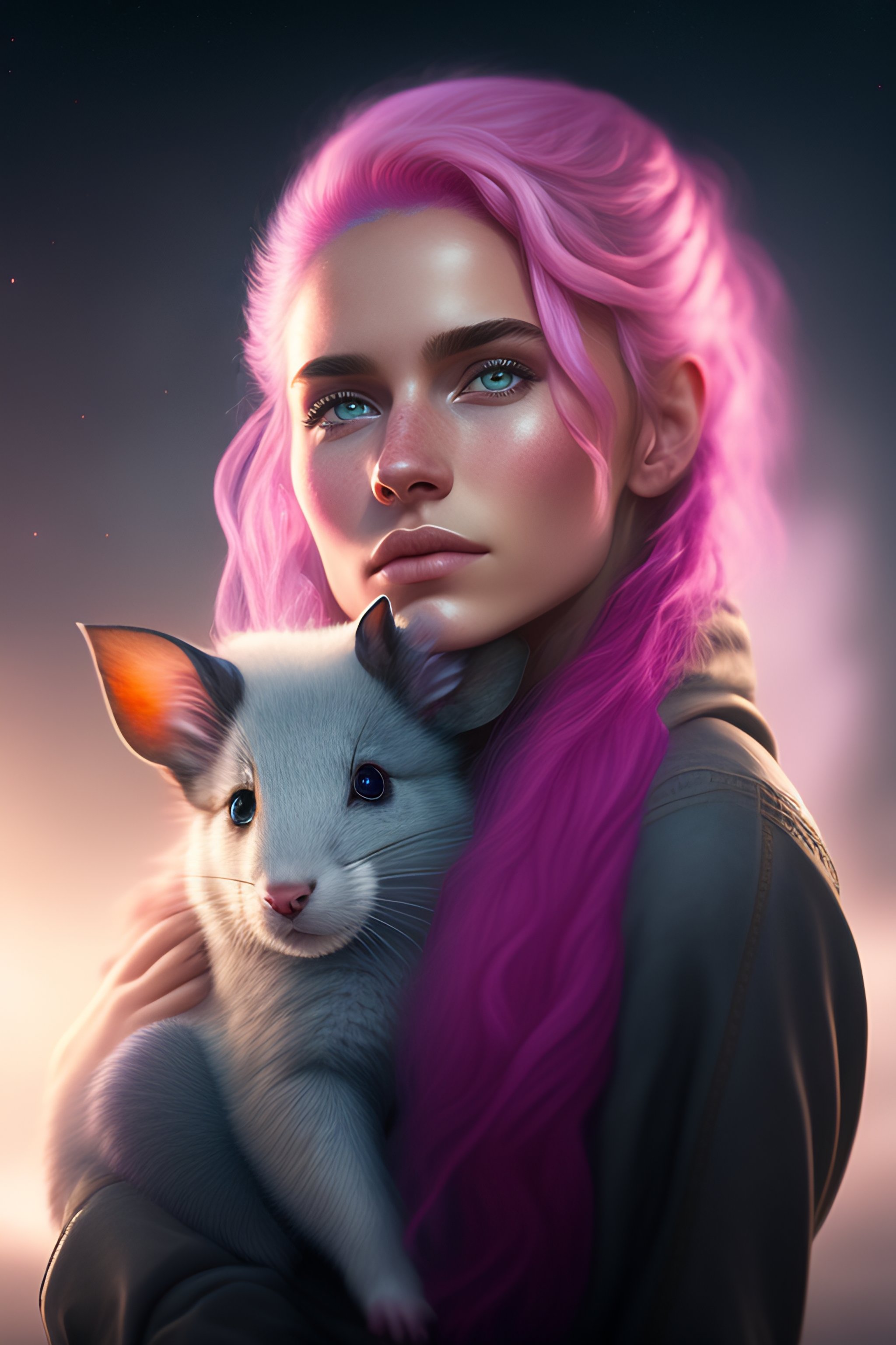 Lexica - Portrait of a girl with pink hair and gray eyes holding a rat ...