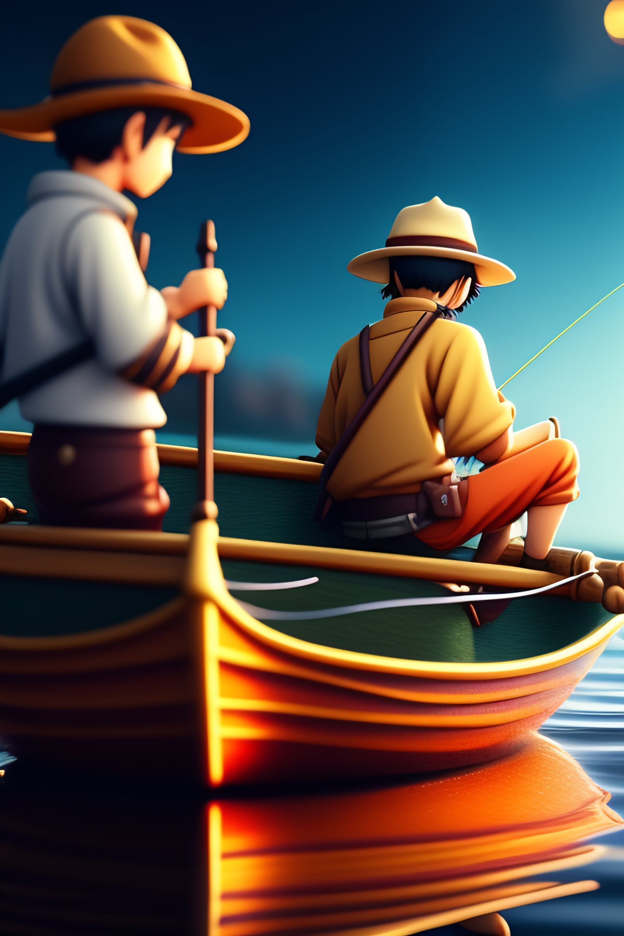 Lexica - Anime scene of 3 friends with fishing rods in a boat fishing ...