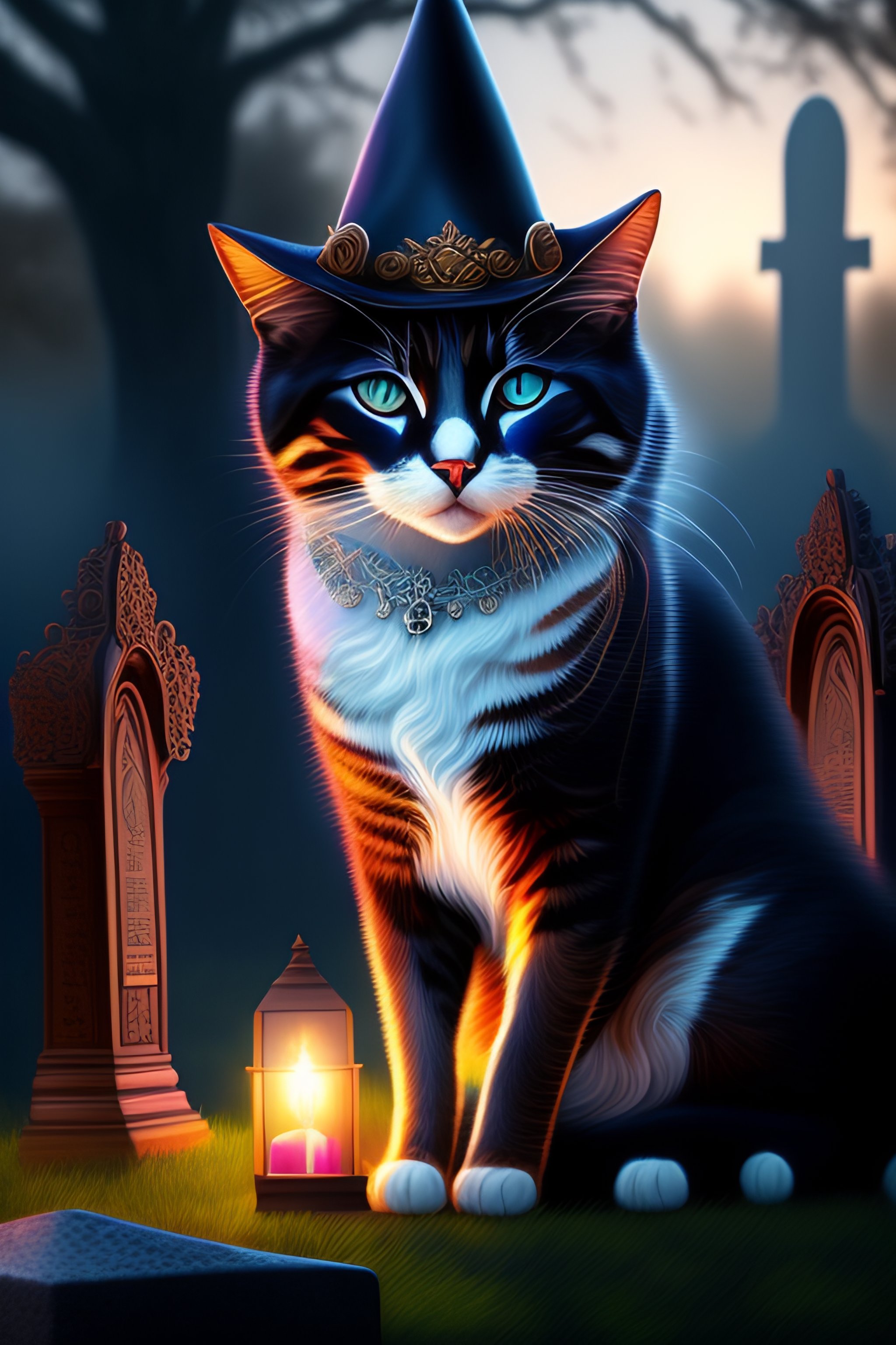 Lexica - A beautiful witch rising cats from the dead in a graveyard