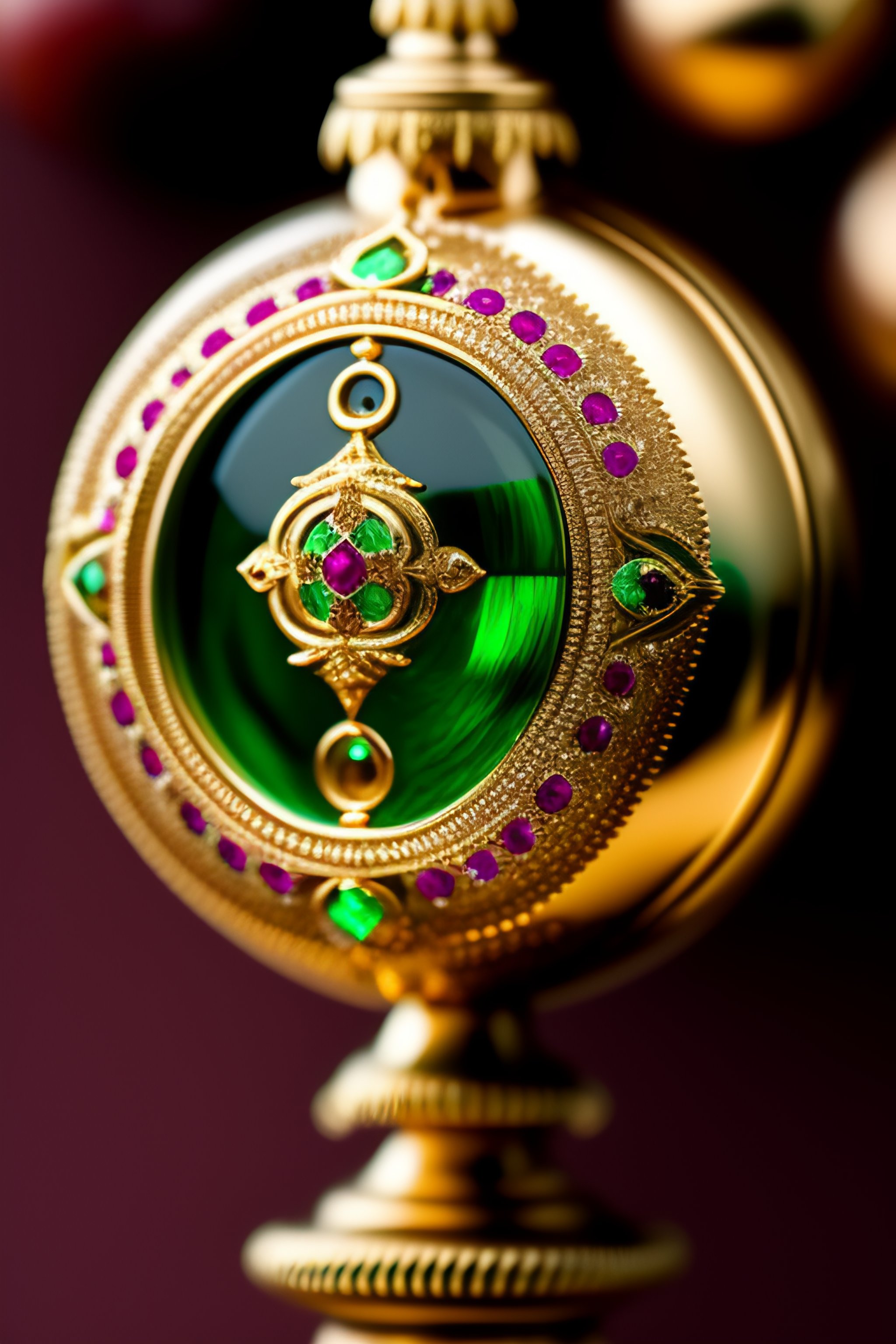 Lexica - Intricate clock decoration with emerald belly and ruby etched ...