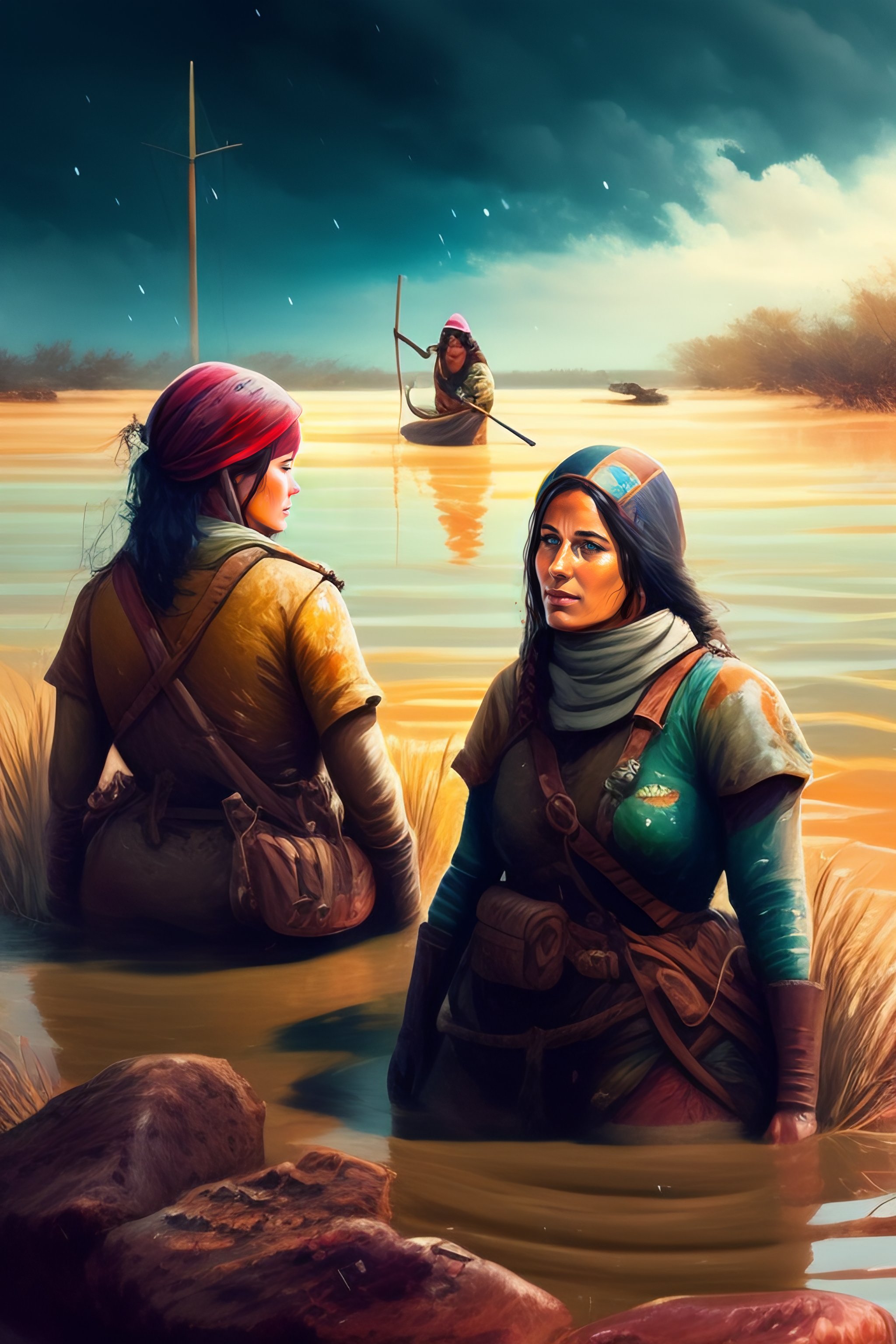 Lexica - Coloured sketch art style, 2 scared explorer women sinking in ...