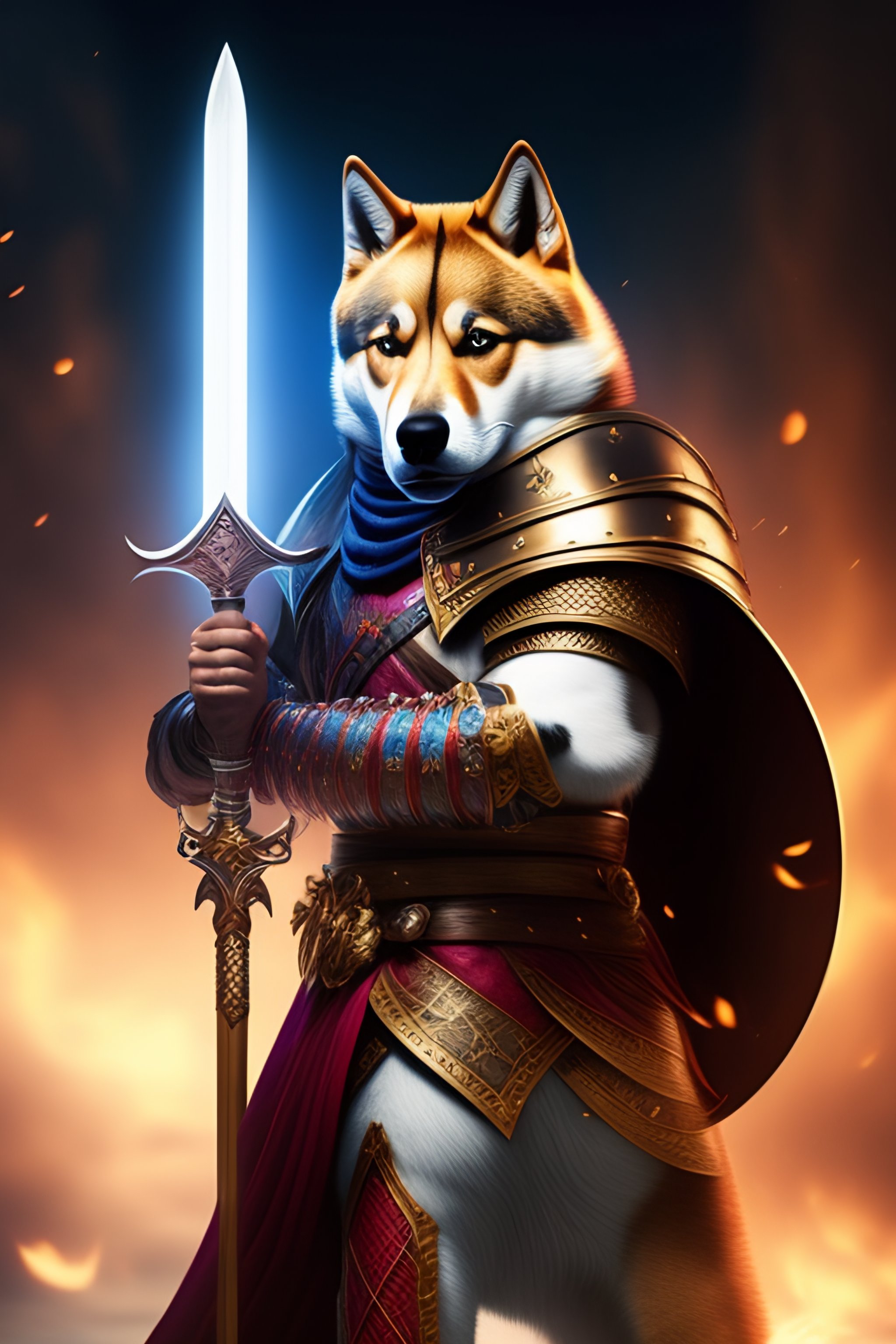 Lexica - A Doge Warrior holding a magic sword.