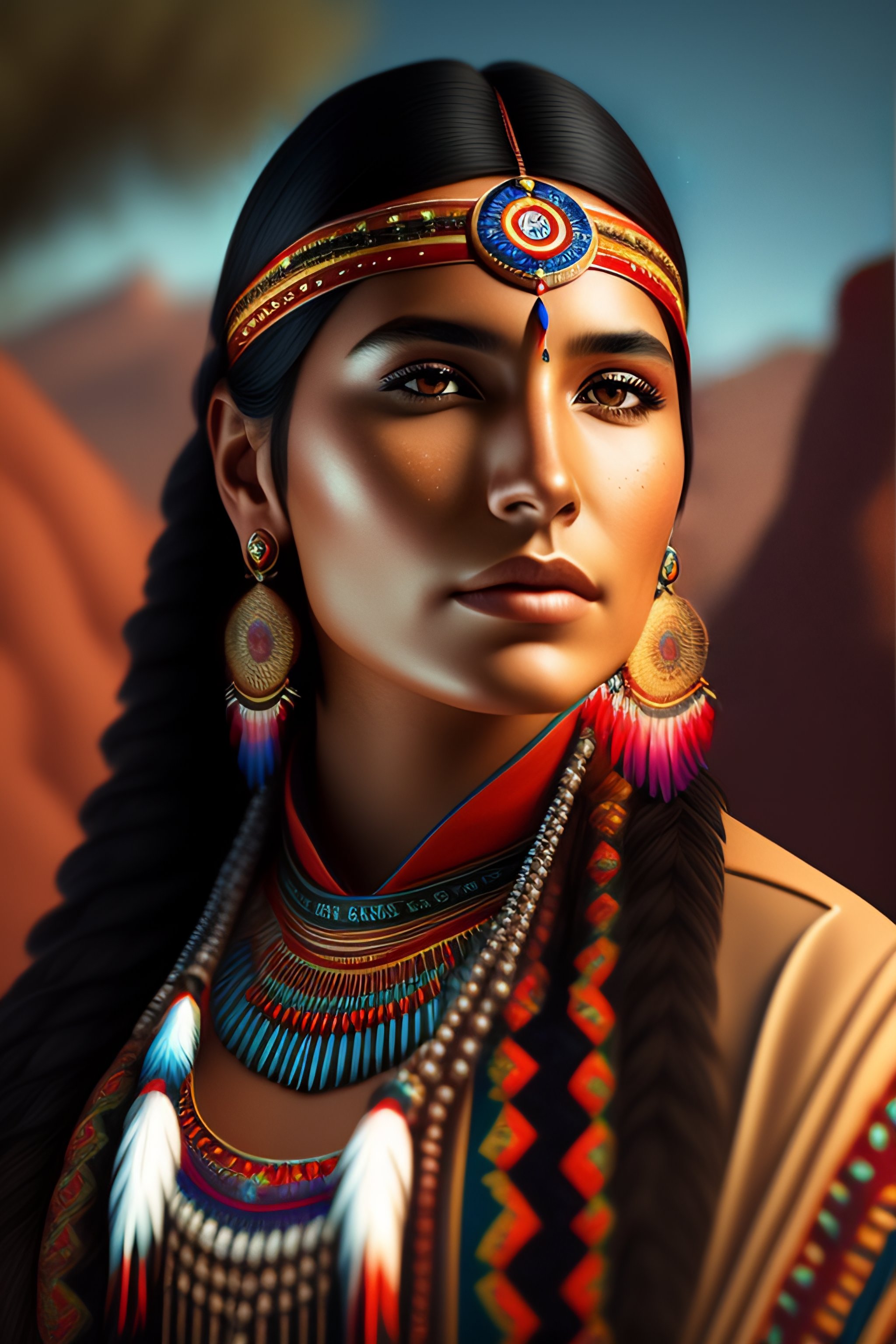 Lexica - Native american young woman portrait in 3d digital art with ...