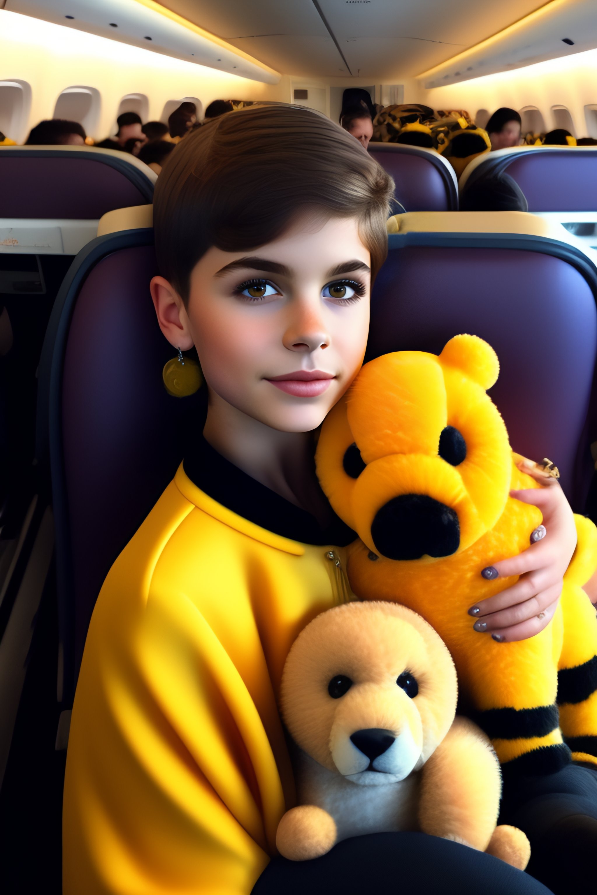 Lexica - Younger sami gayle in first class on an airplane with a plush ...
