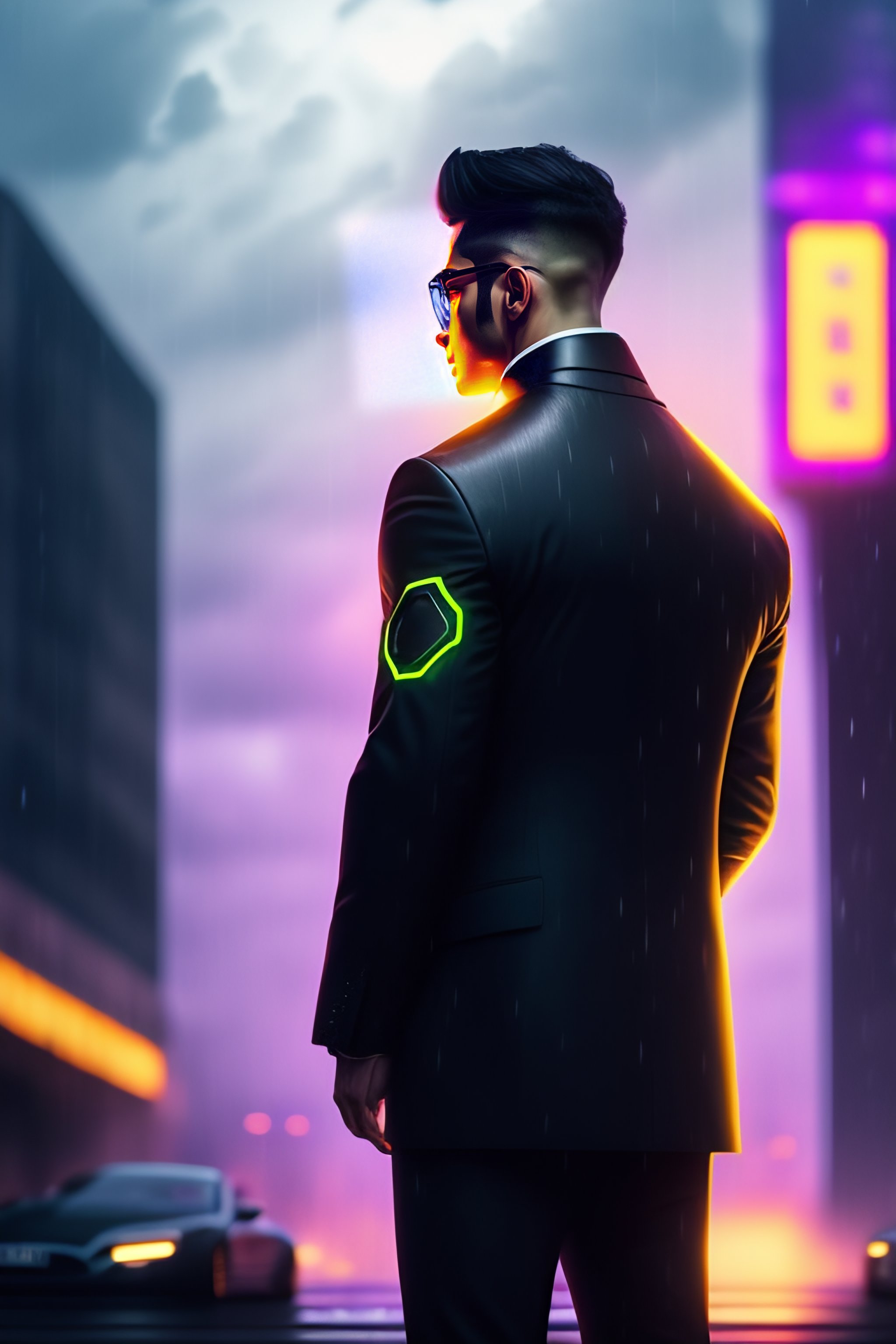 Lexica - Man with undercut hair in black tech suit charming with yellow ...