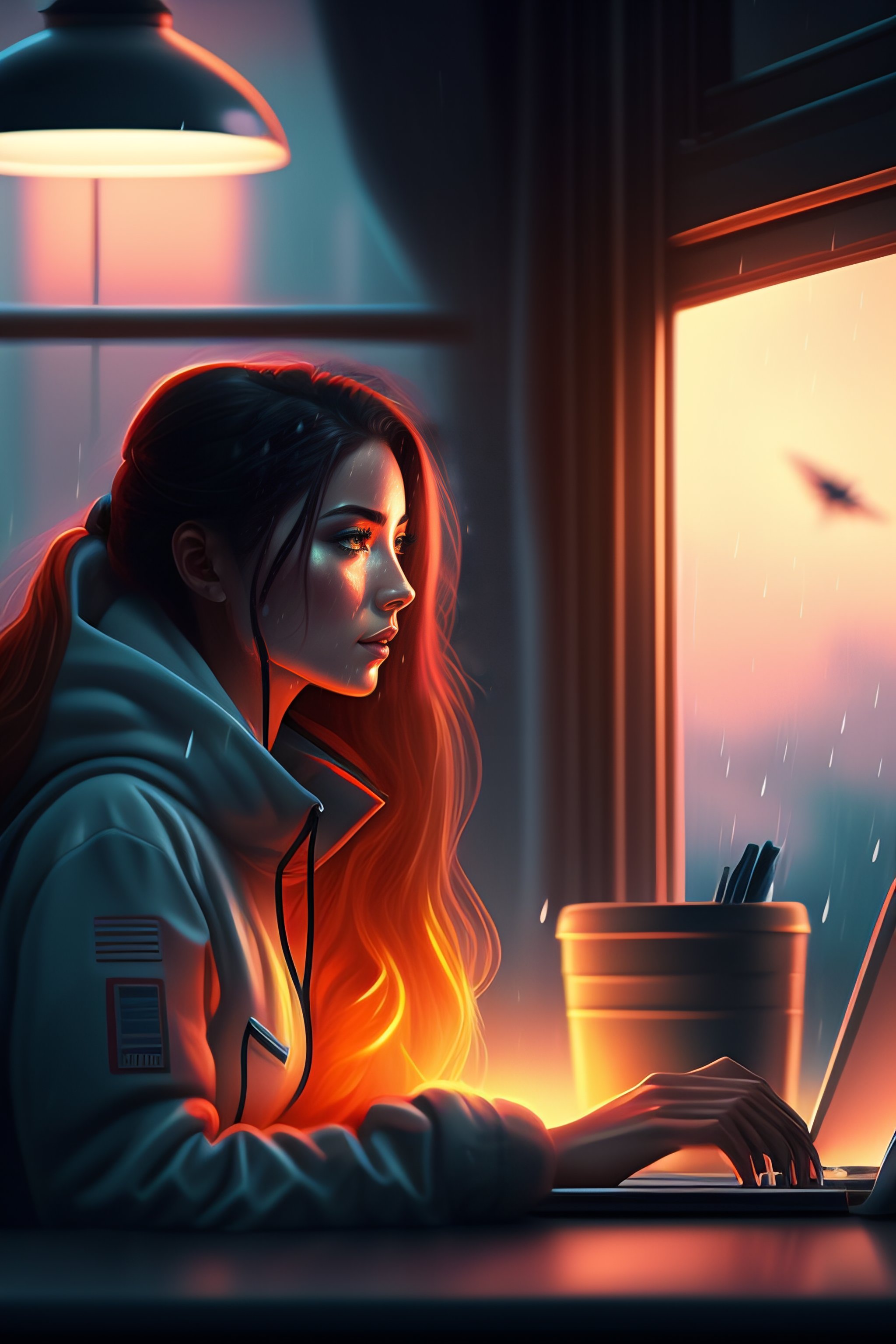 Lexica - Illustration for female coder sitting on his desk and working on her laptop with big ...
