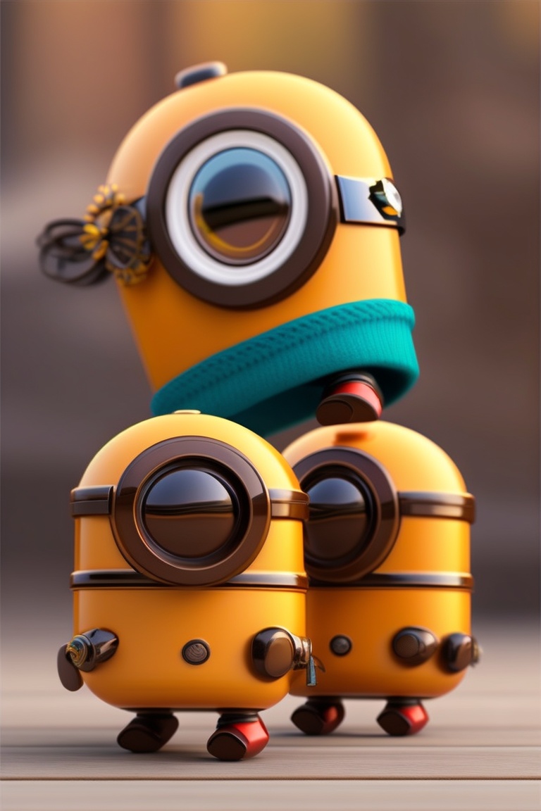 Lexica - Small brown minions robots, running to boy and girl robot owners