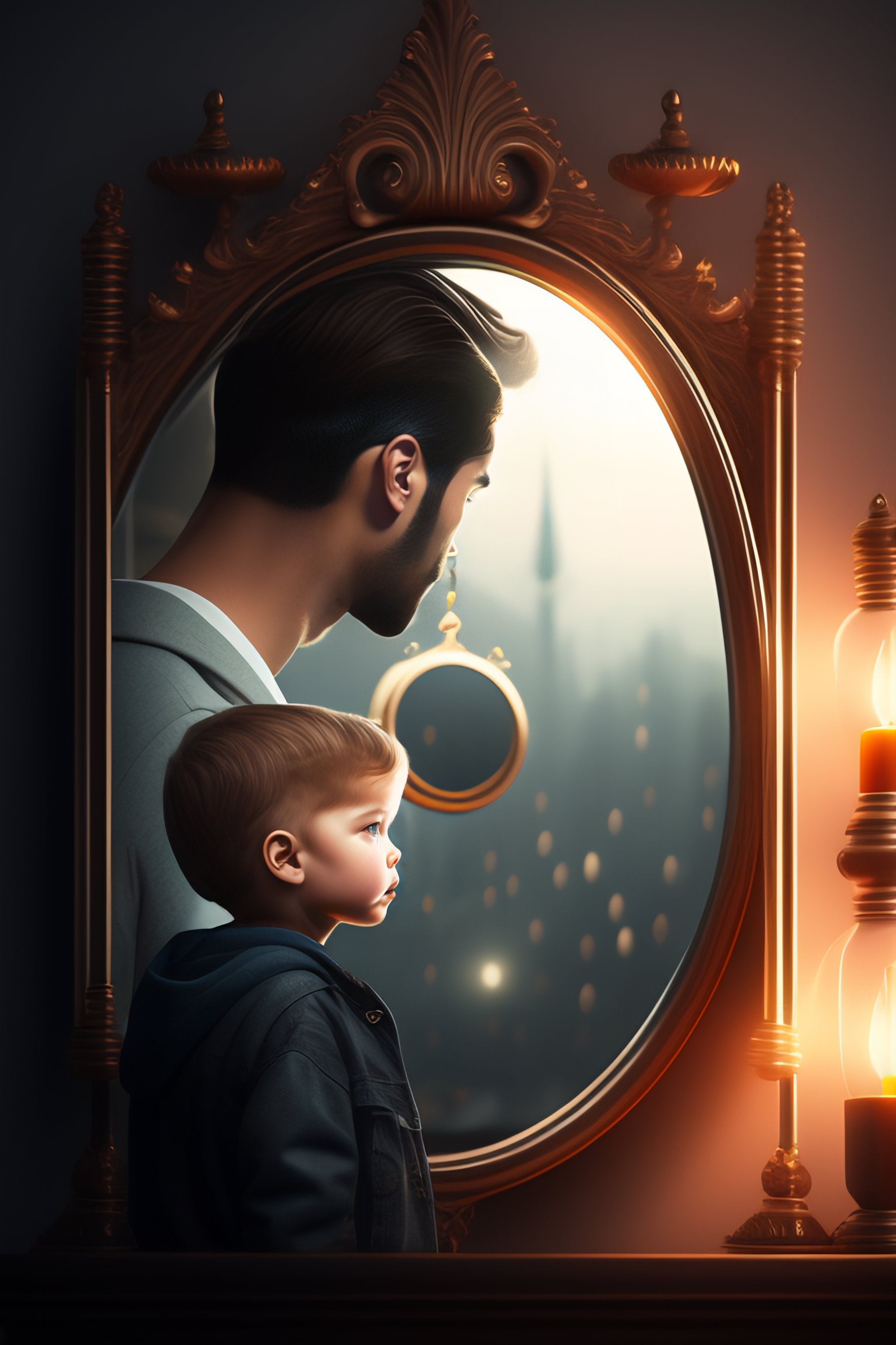 Lexica - A handsome man gazes into an ornate mirror and sees a horrific ...