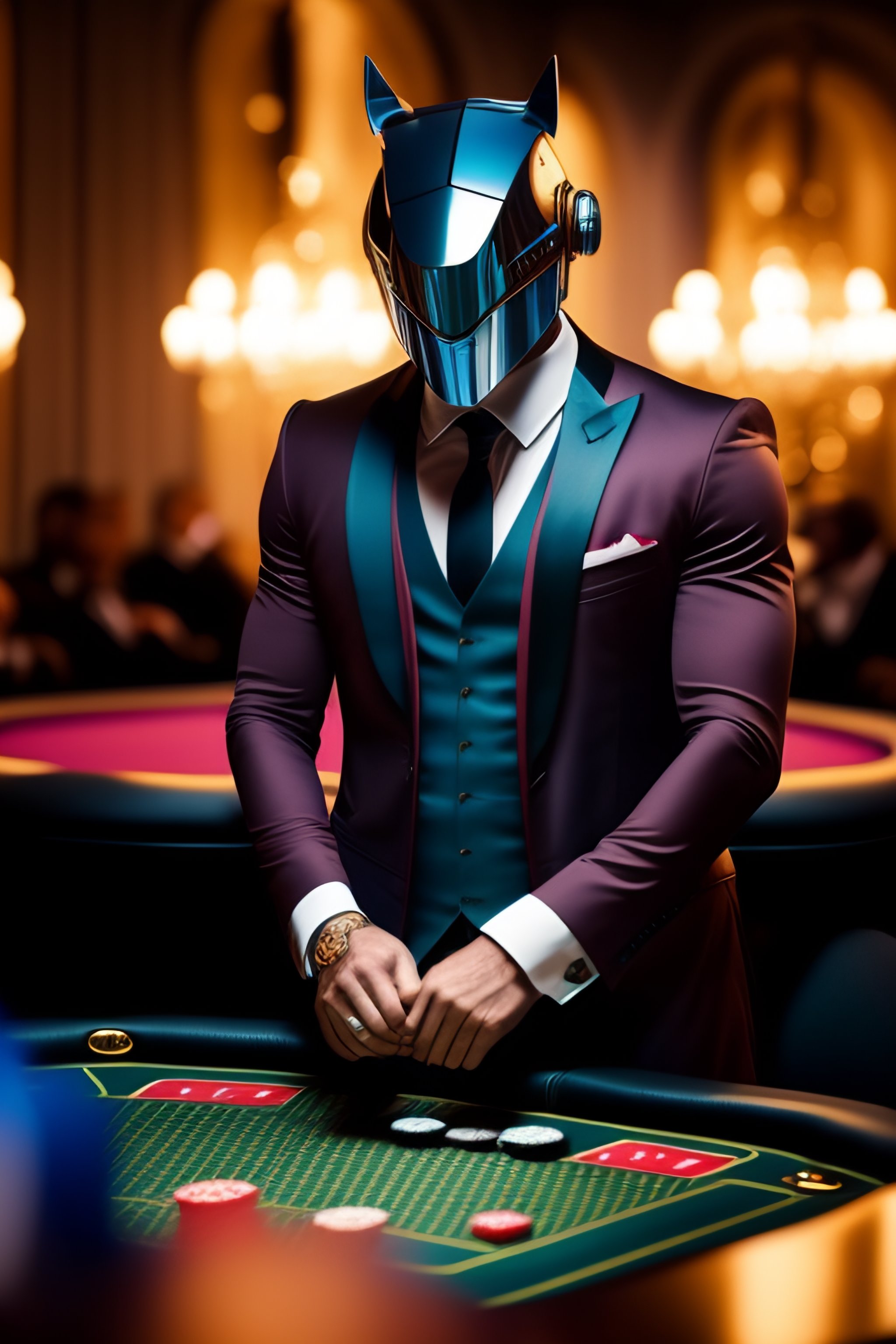 Lexica - Card dealer with half robot face At a poker table frontview ...