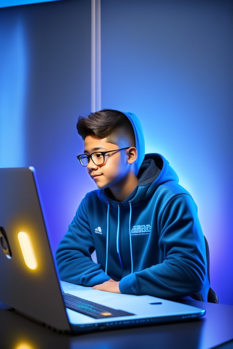 Lexica - A White Boy Wear glasses And Space Blue Hoodies, Sit In Studio ...