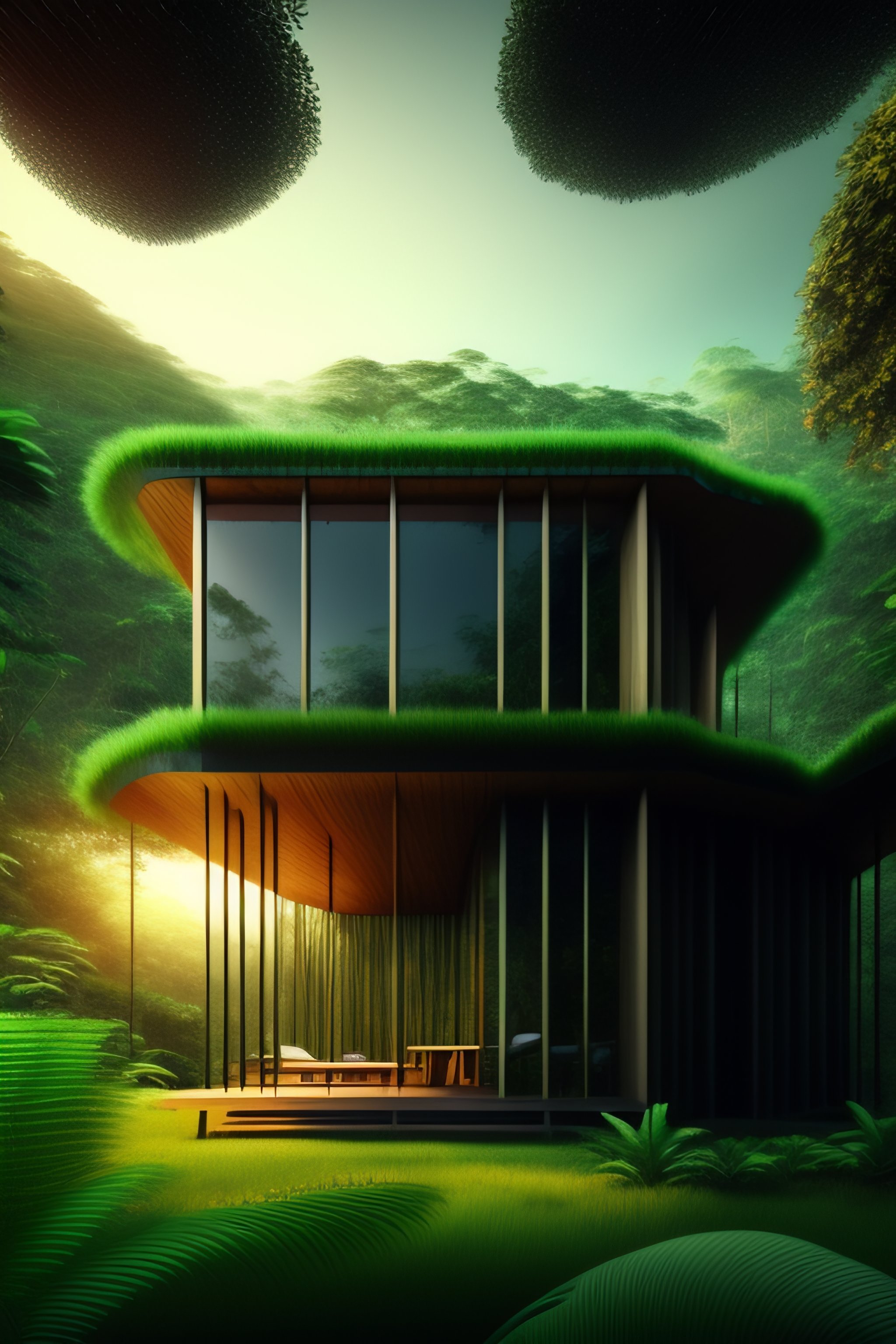 Lexica - A wide image of a full 3D innovative contemporary cabin, hyper ...