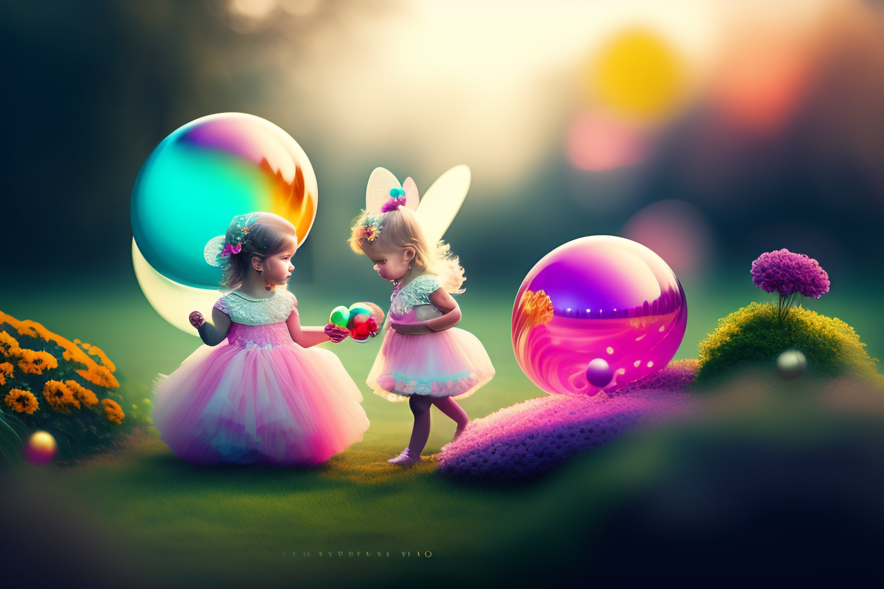 Lexica - Fairies playing with balloons on a flower bed, fantasy setting ...