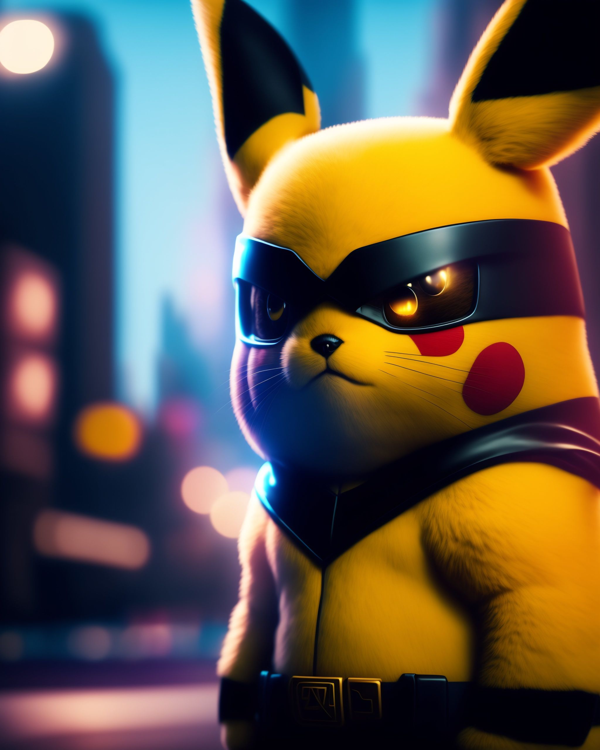 Lexica - Movie shot of pikachu as superhero with suit in pokemon city ...