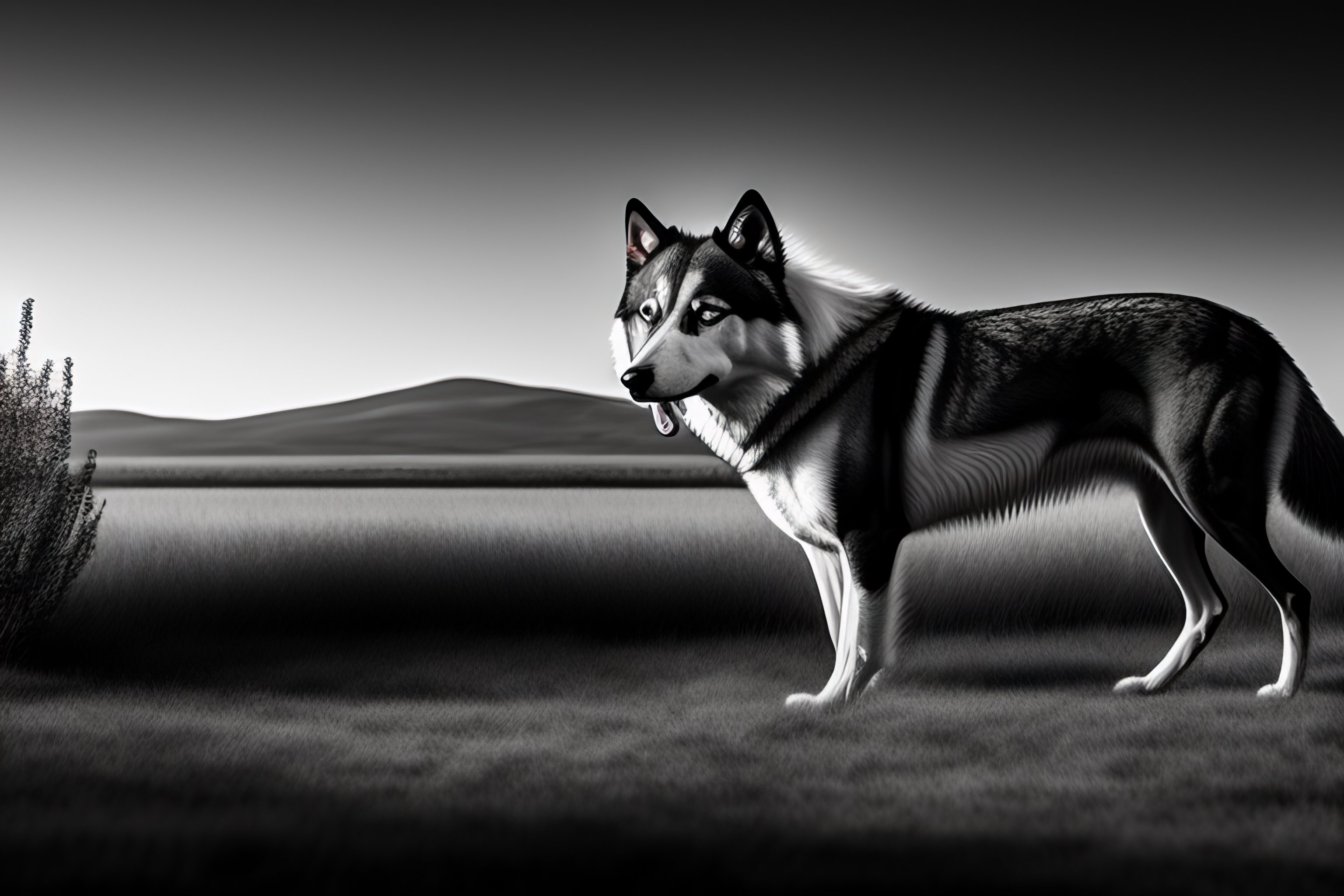 Lexica - Black and white image of a dog transitioning into a wolf. Hyperrealist style.