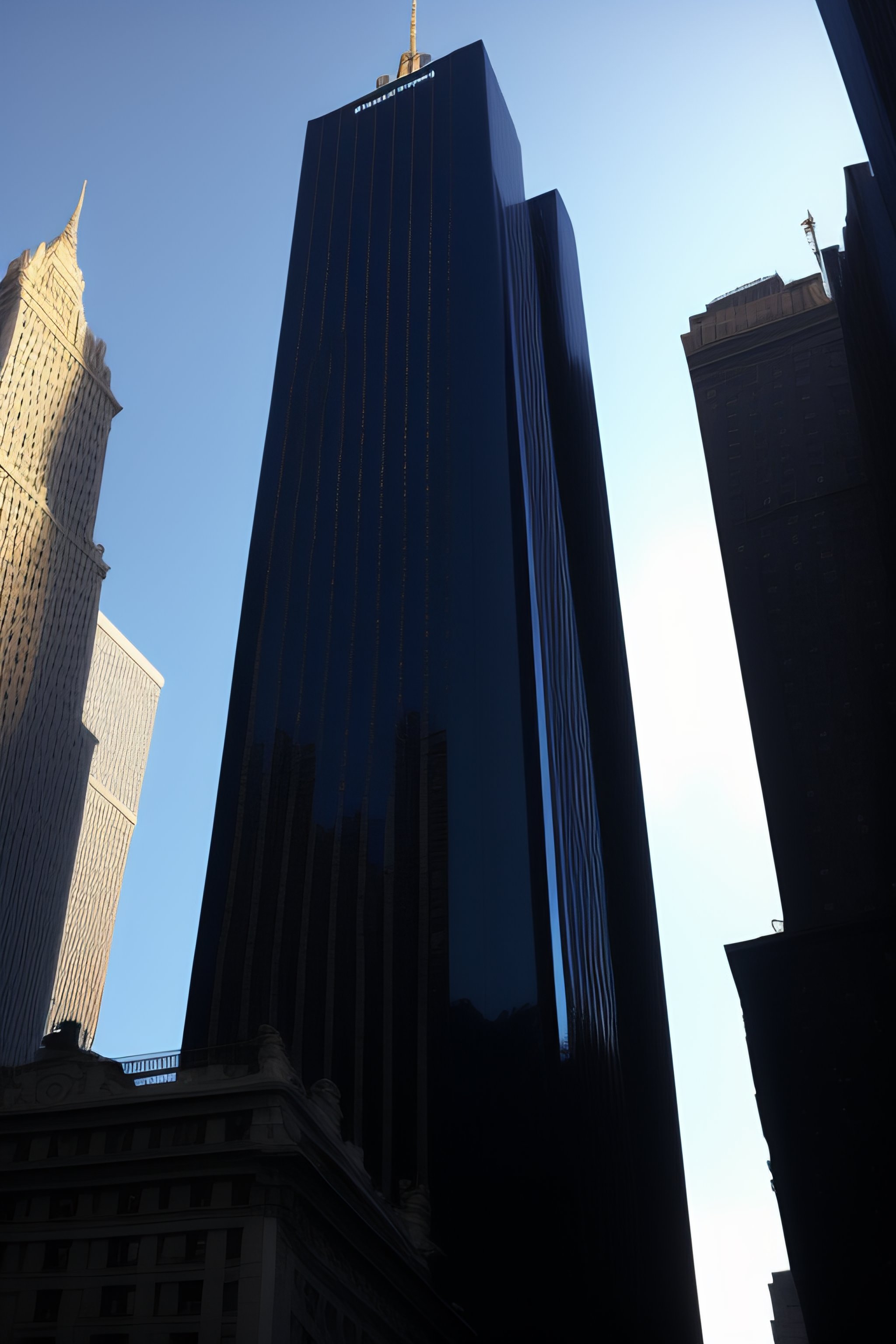 Lexica - Tall building, wide angle, gotham, dark, new york, from the bottom