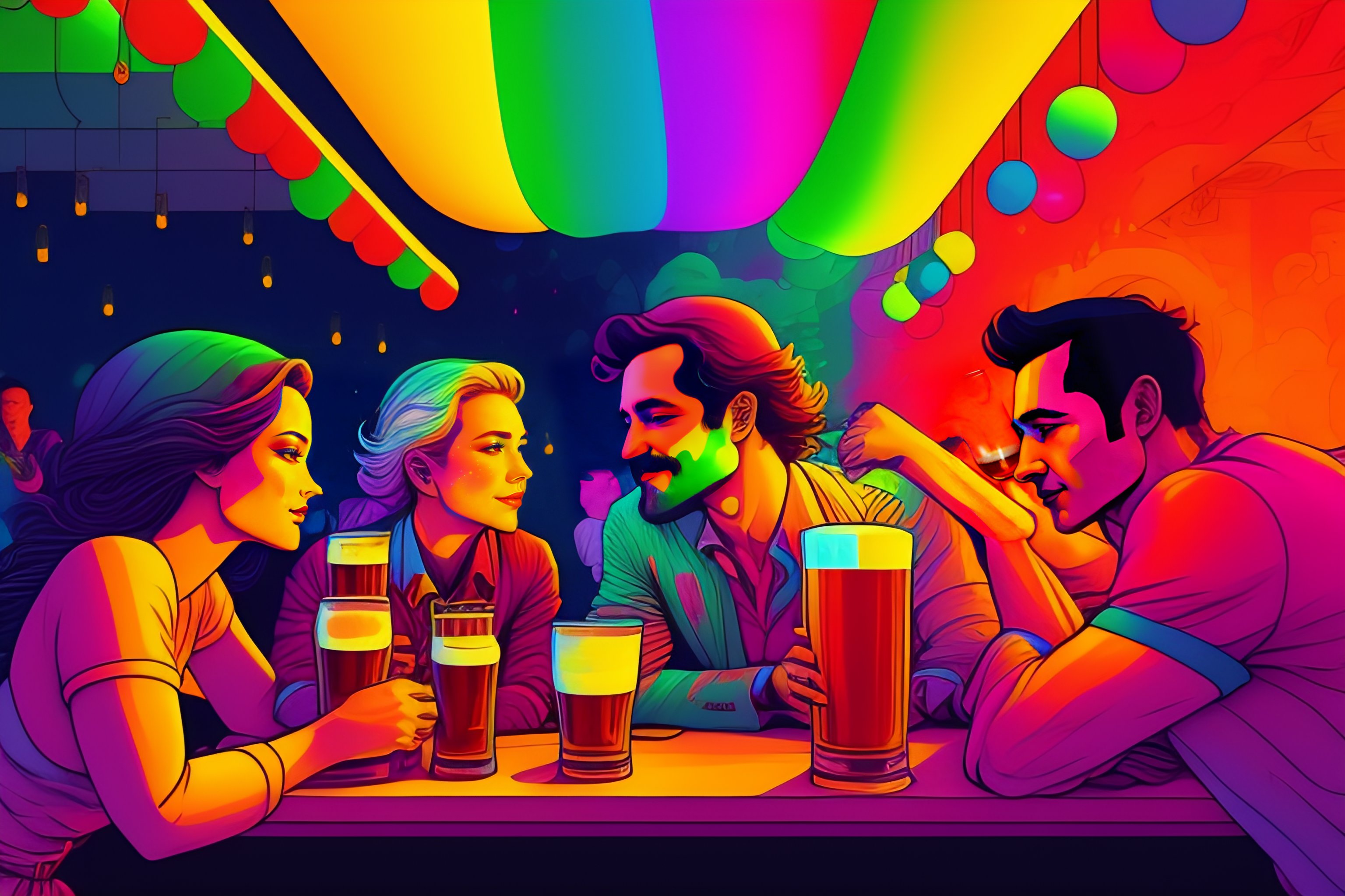 Lexica - Friends cheer with beer in a bar, rainbow colors, gay ...