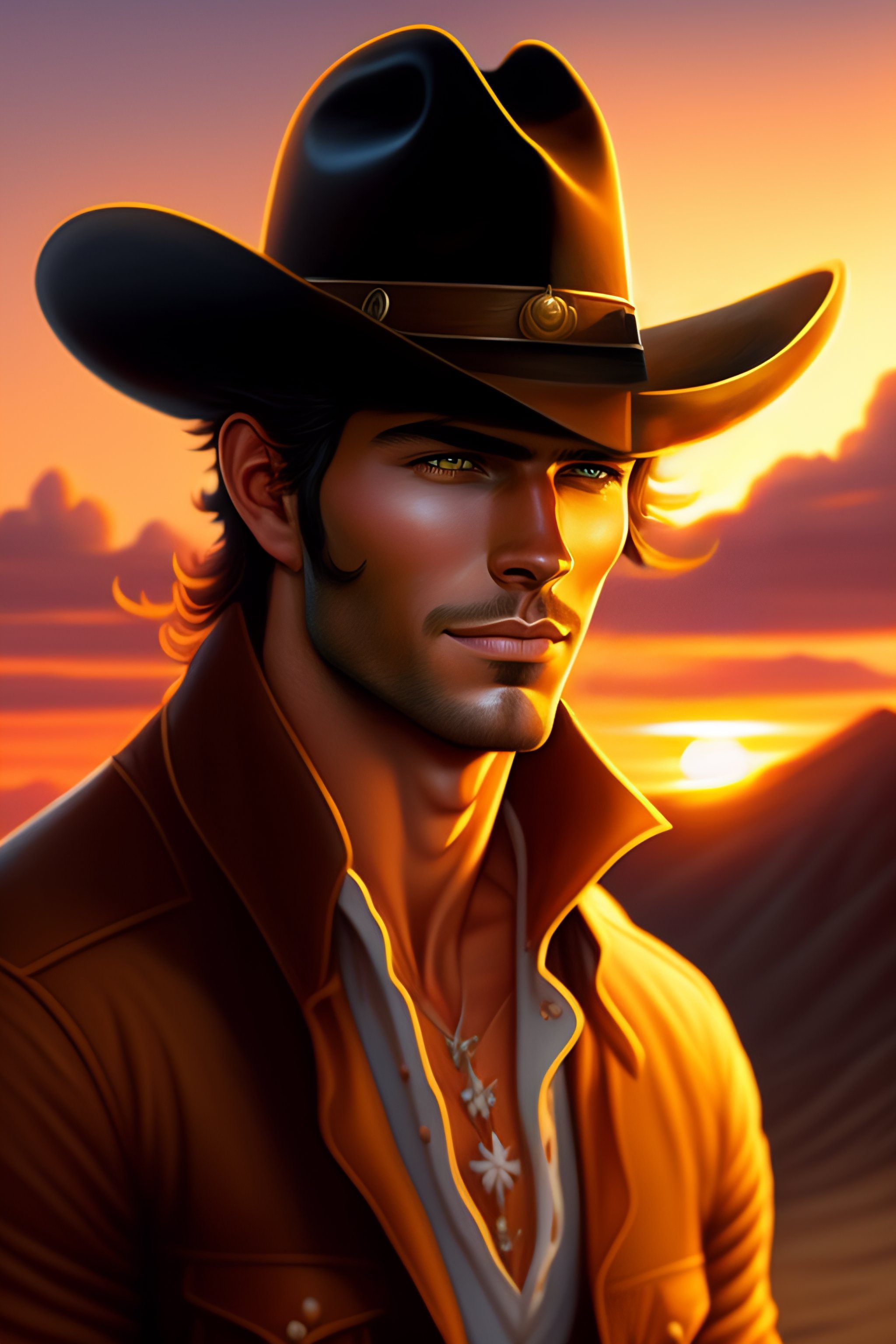 Lexica - A cowboy wearing a hat at sunset, Lucky Luke head and ...