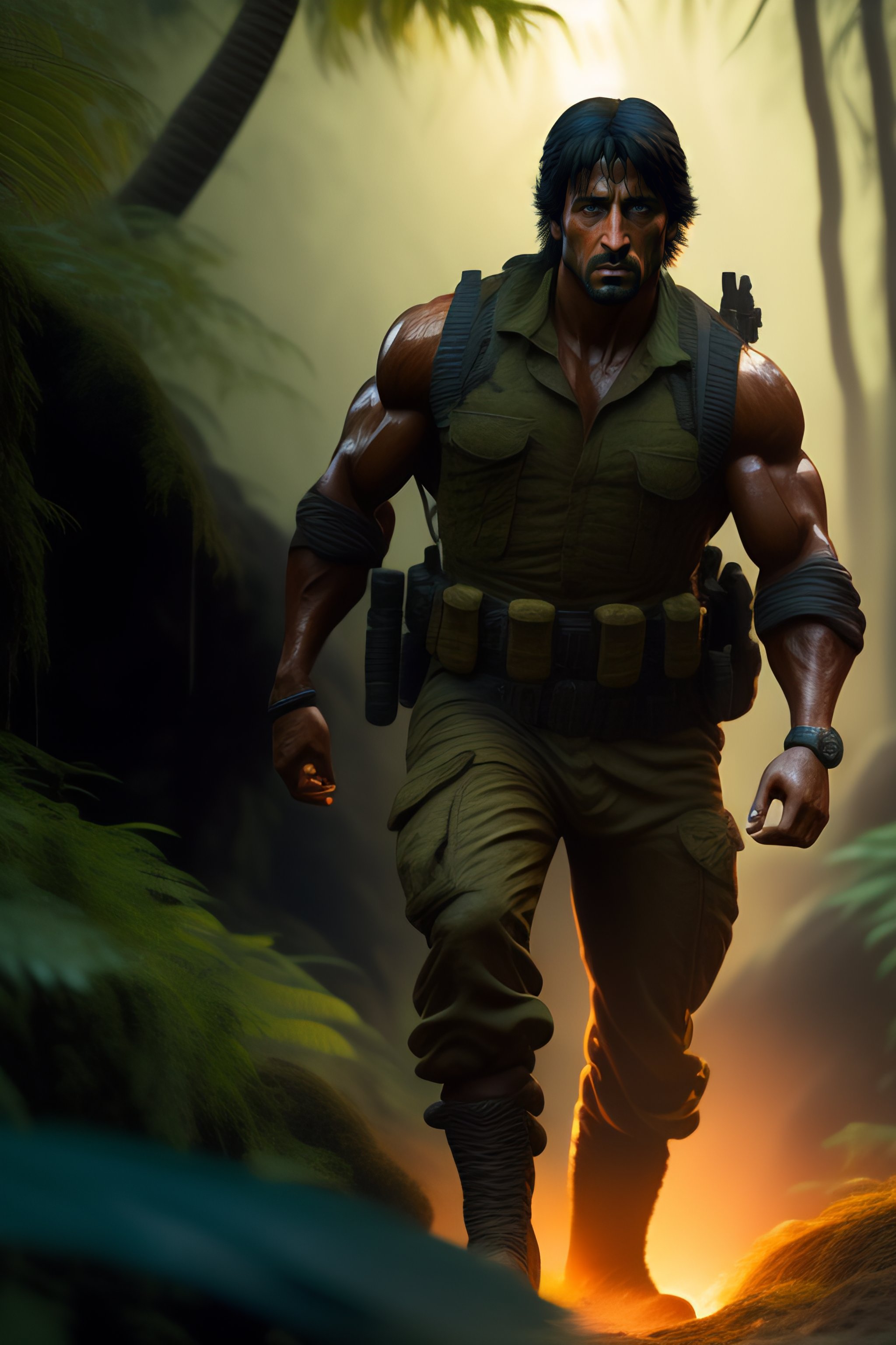 Lexica - Action shot of john rambo in a jungle, cinematic lighting ...