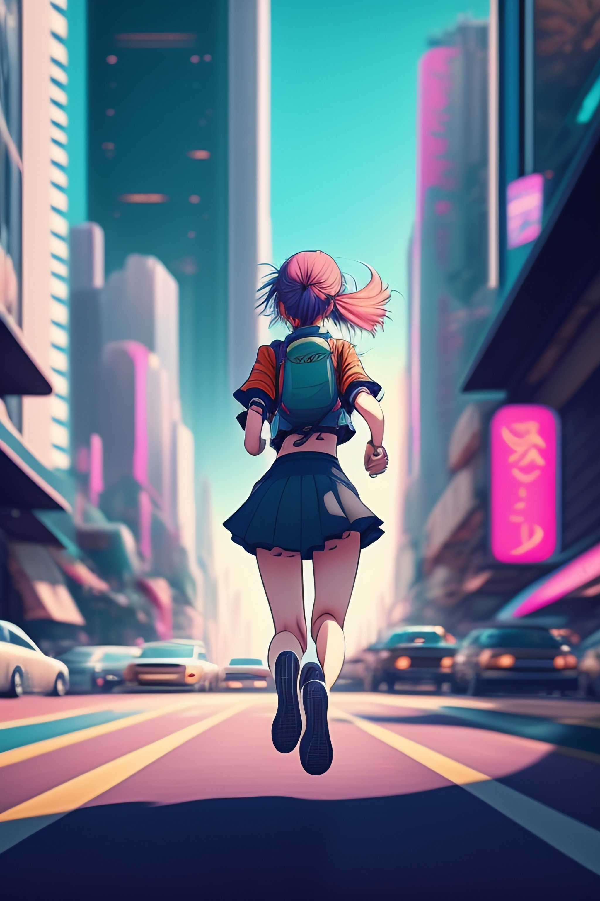 Lexica - Anime girl running in street, cyberpunk city, big tall ...
