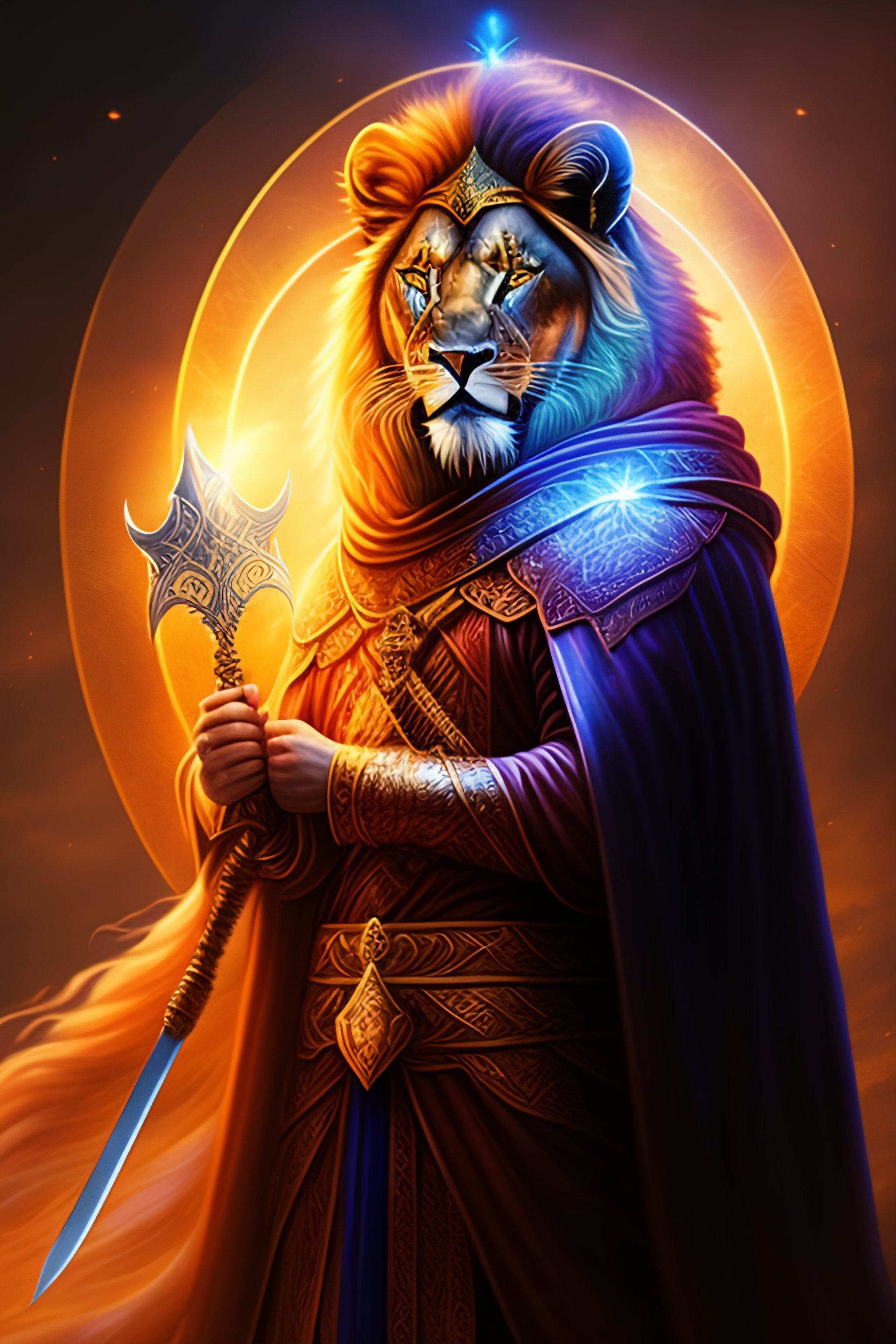 Lexica - Cloaked mage with a sword and a giant glowing divine lion ...