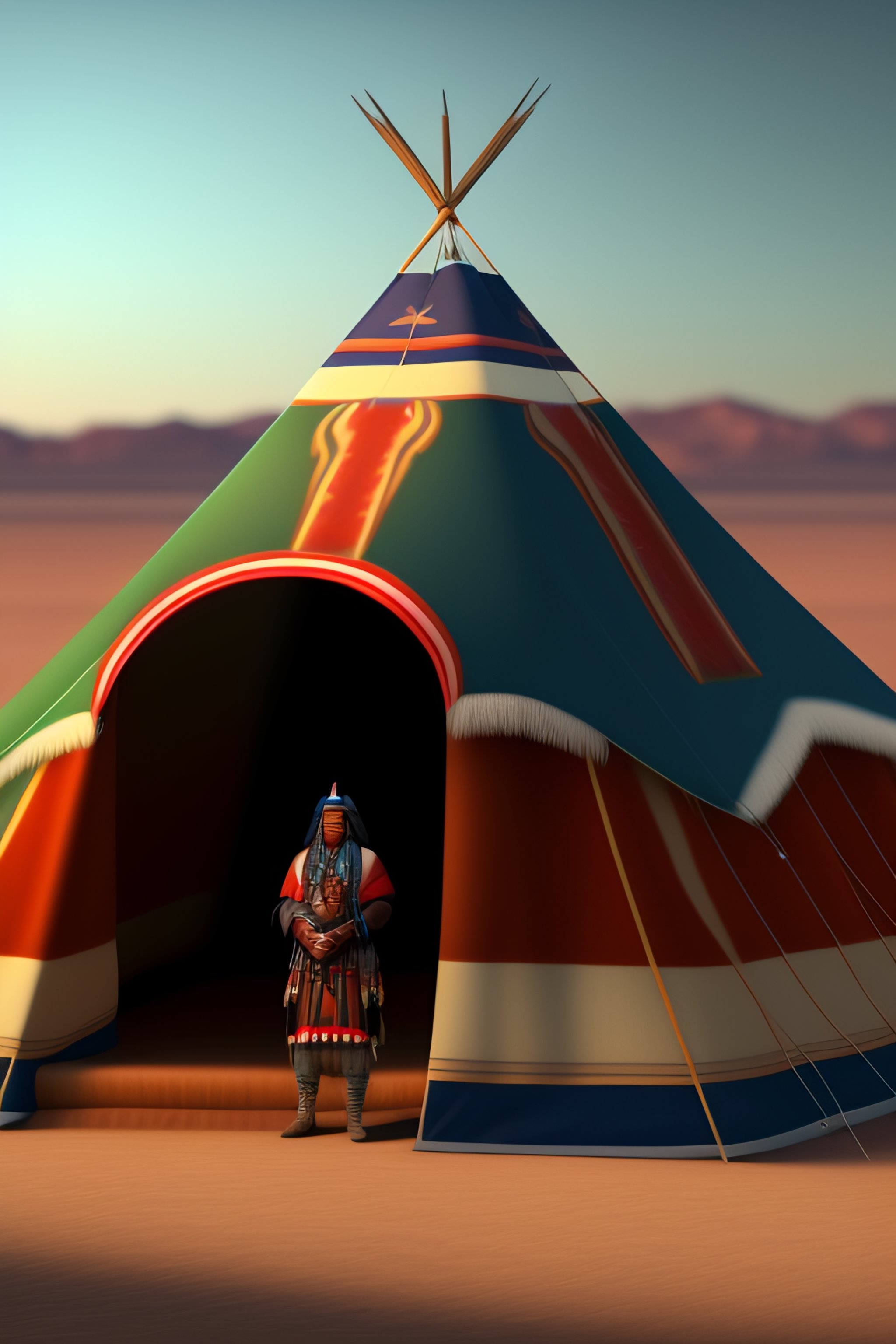 Lexica - Native american man portrait in 3d digital art with tents area ...