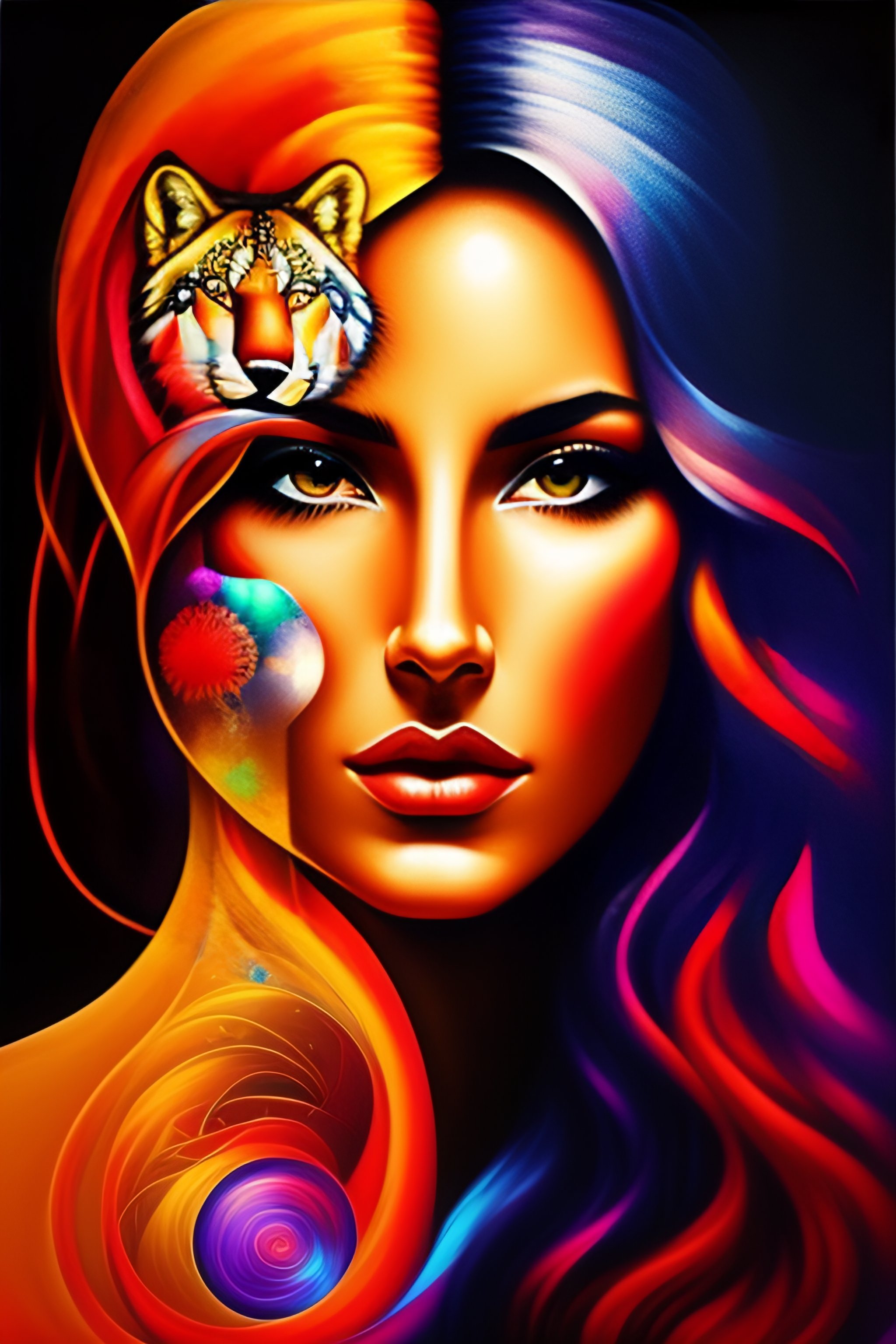 Lexica - Woman face in picaso style whith wolfs and chakra and an aura