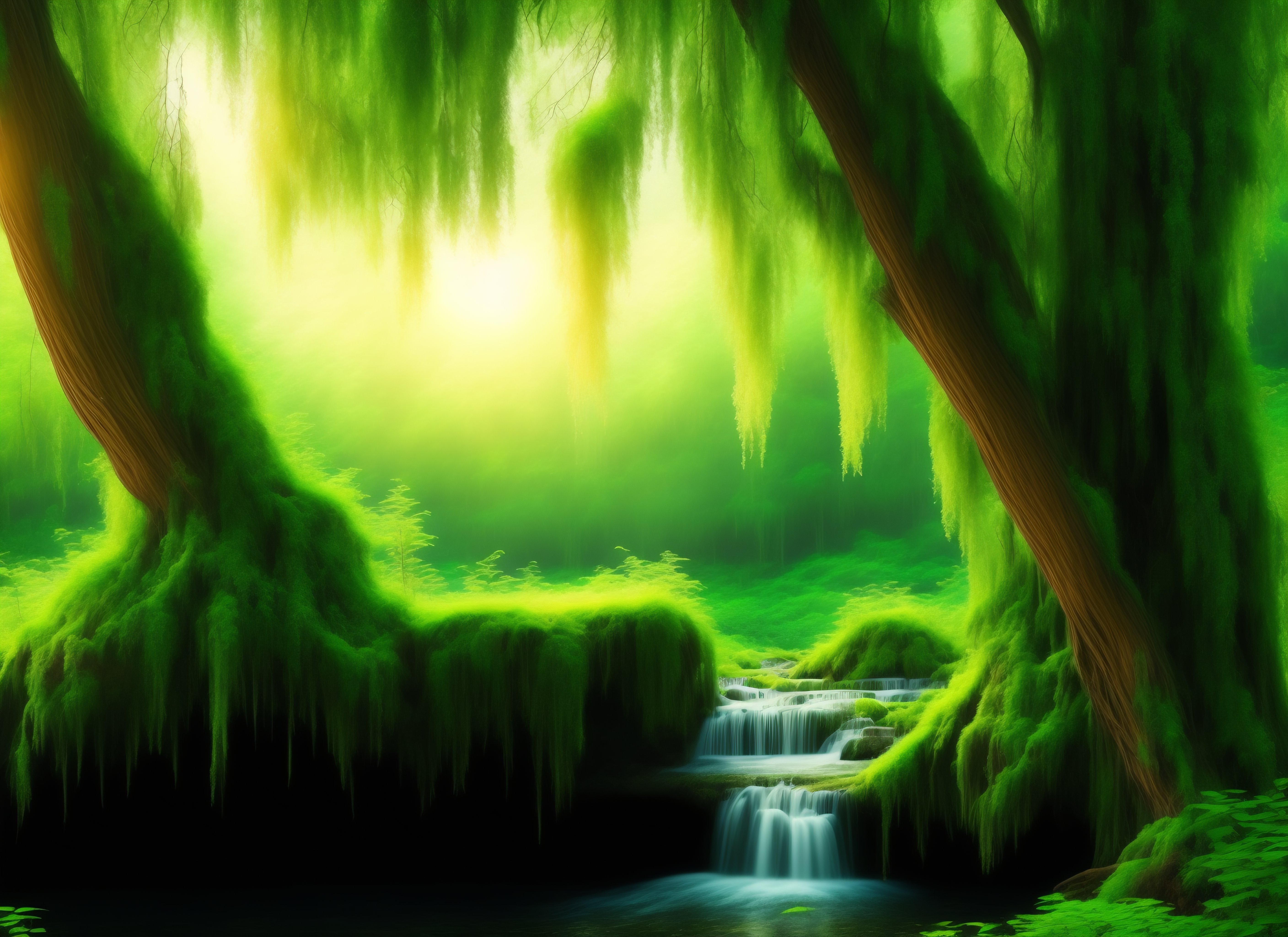 Lexica - A detailed photo of a green forest, vines, weeping willows ...