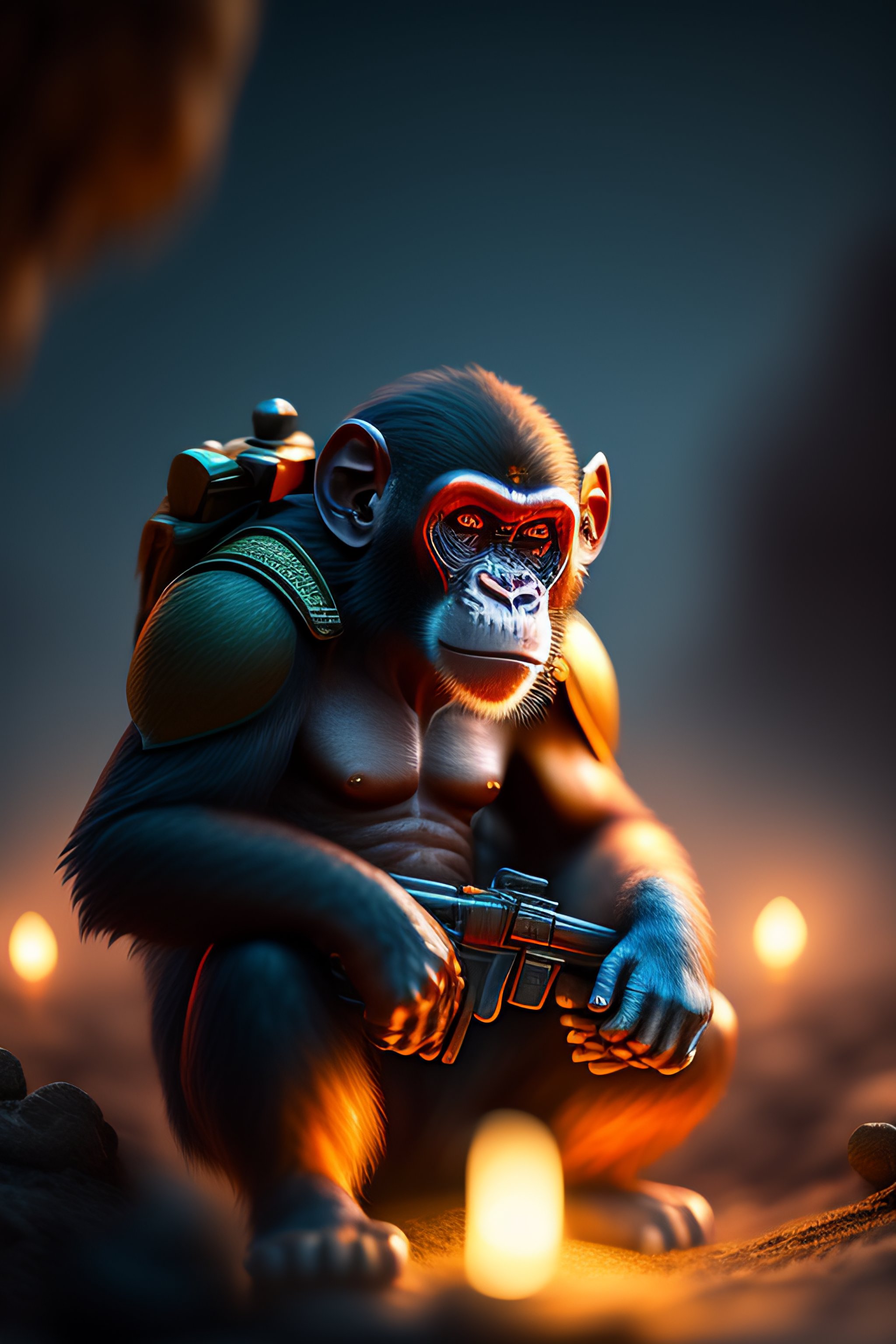 Lexica - An exhausted monkey at the frontlines in the army at night with his platoon fighting ...
