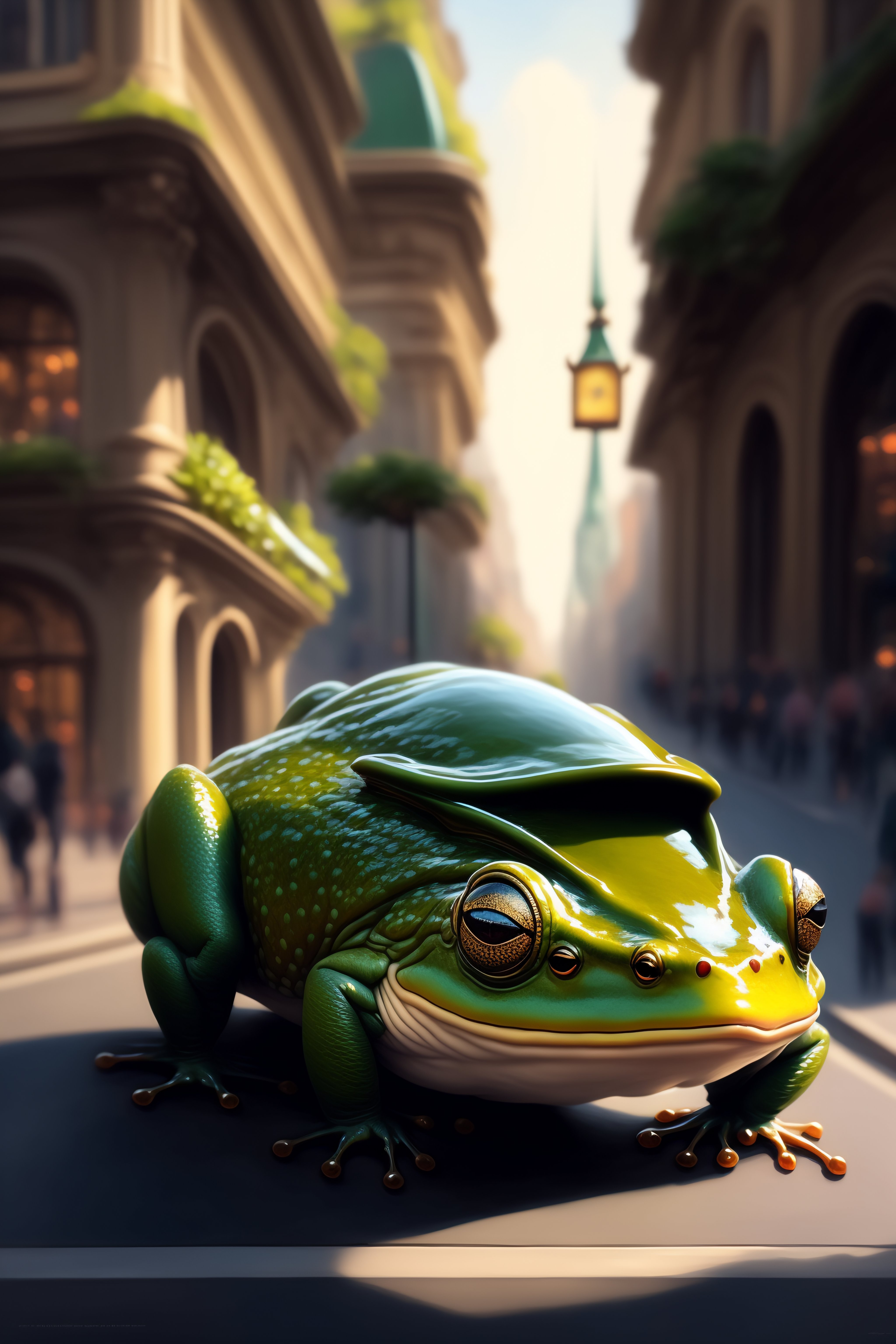 Lexica - Frog going through zurich streets, bulding, highly detailed, digital painting ...