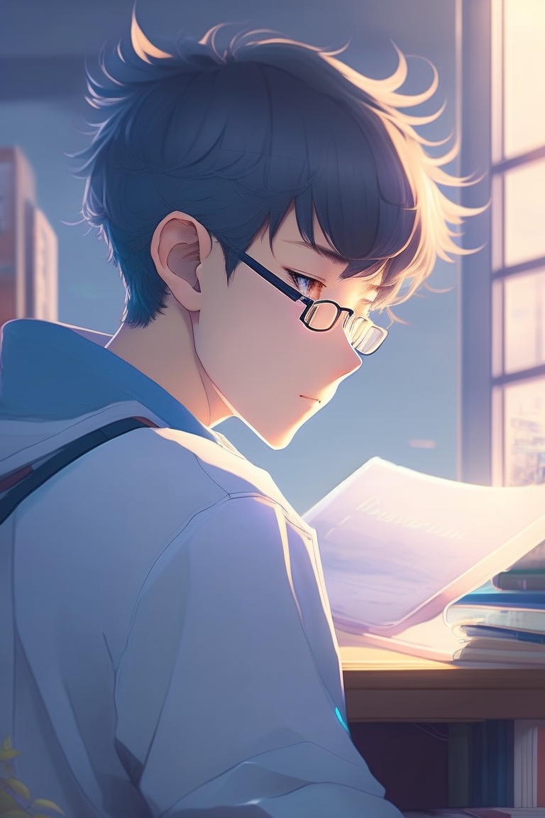 Lexica - A nerdy anime boy is problem solving alone thinking about ...