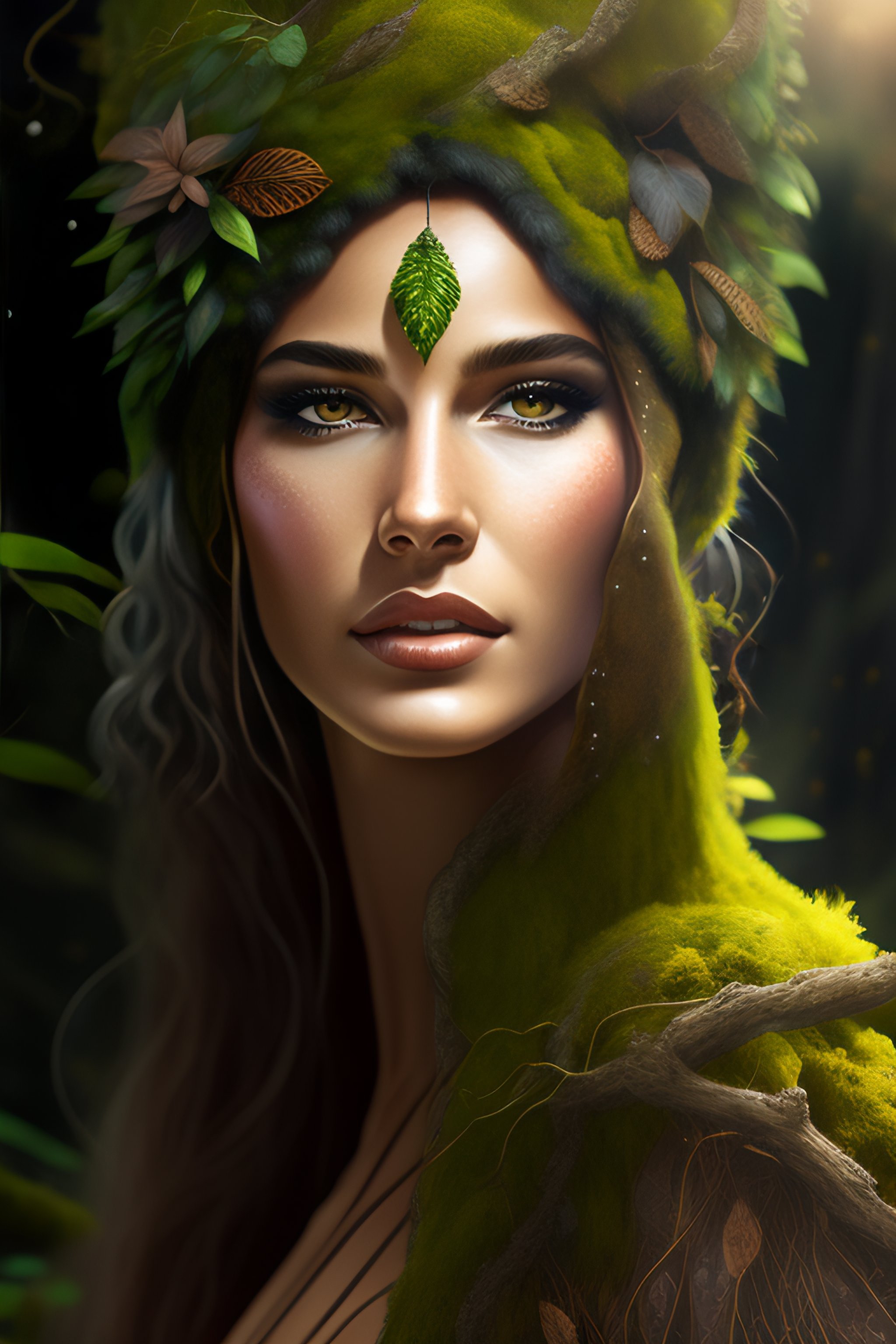 Lexica - Photorealistic, Dryad with skin of moss and armor of bark, forest