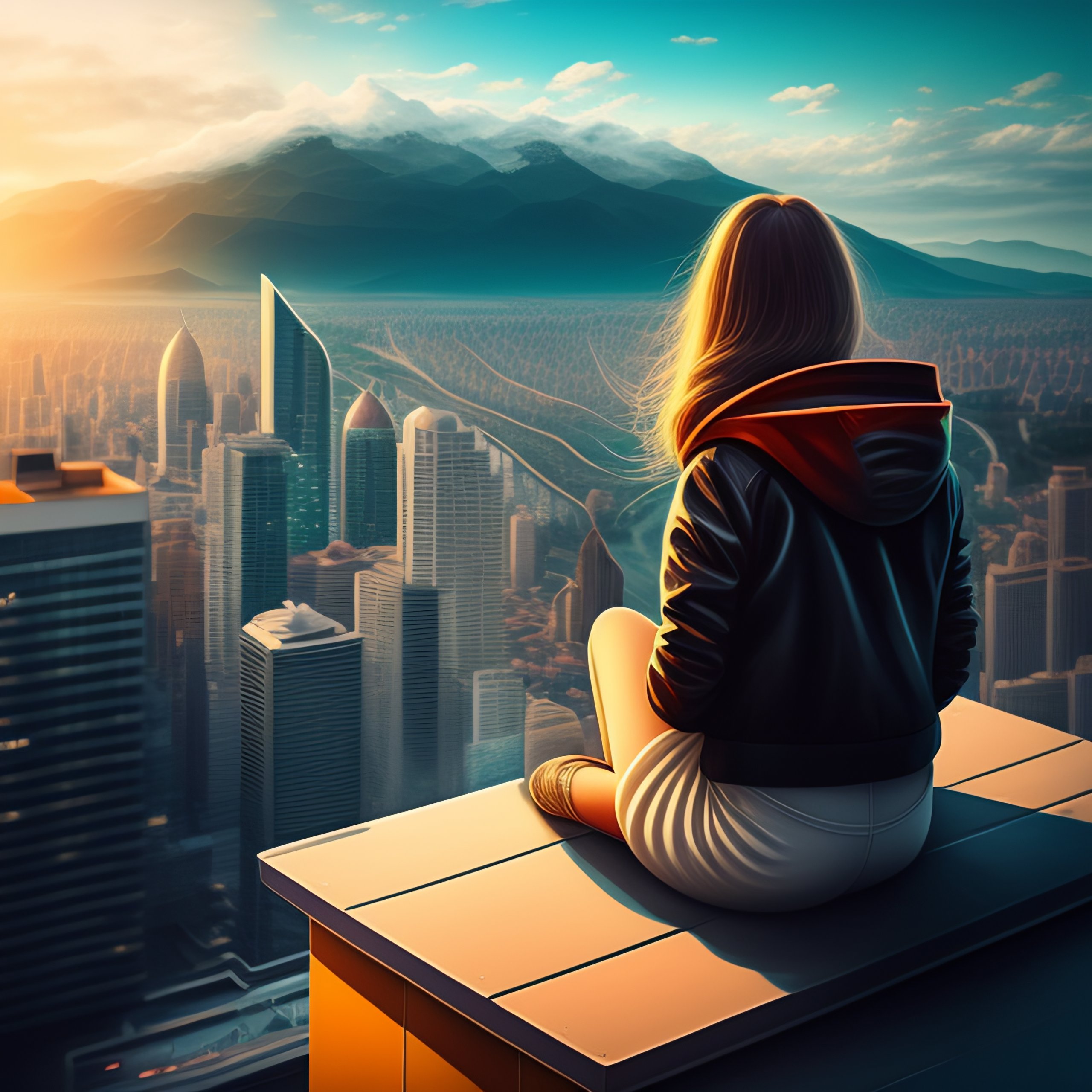 Lexica - Girl sitting on a roof looking down at a city below, extremely ...