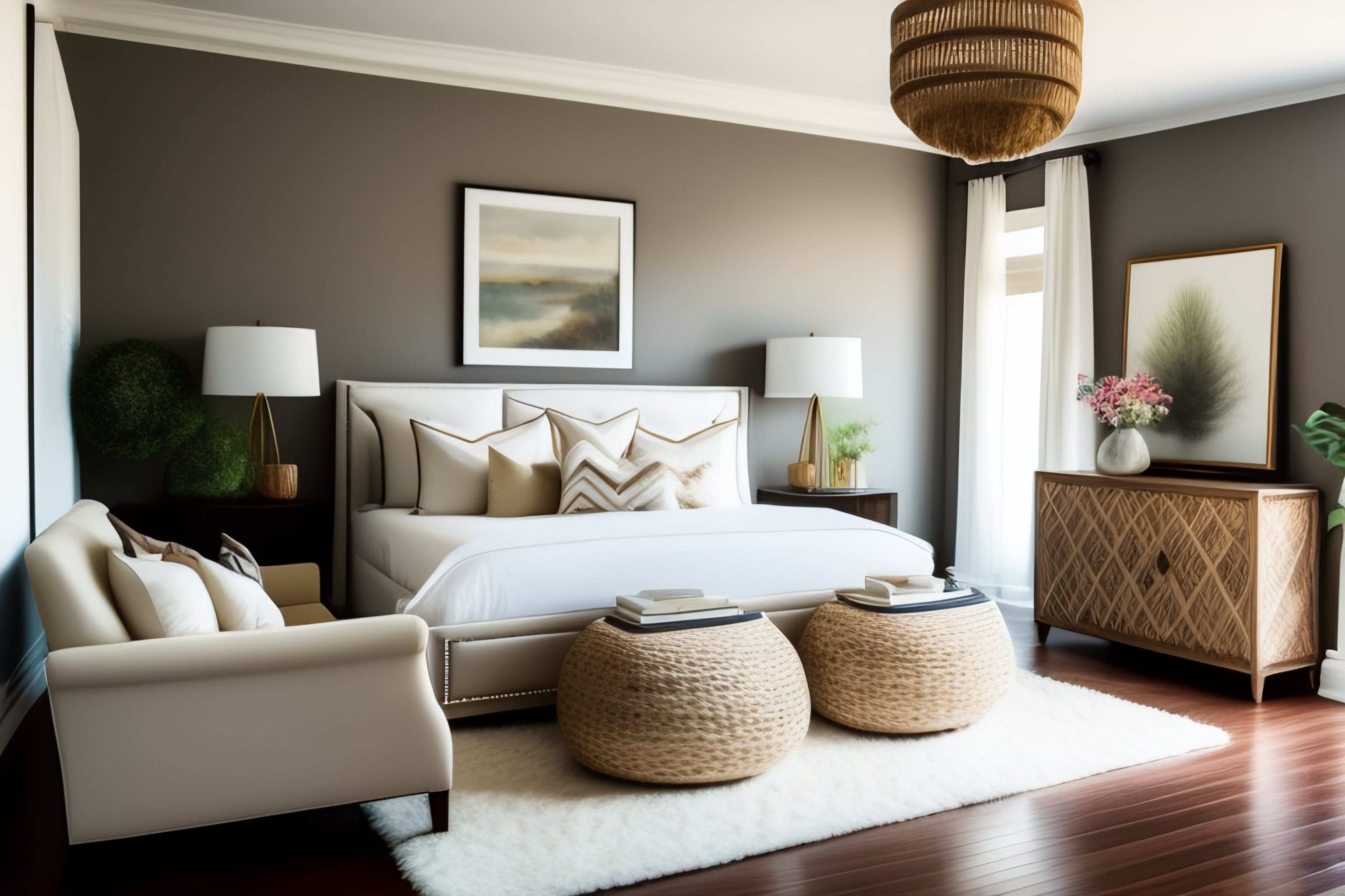 Lexica - A room with cream walls that are accented with beige, and wood ...