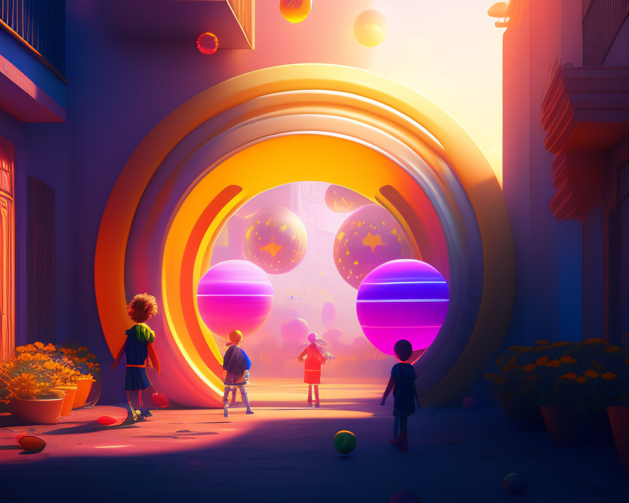 Lexica - A matte painting of children playing with orbs of light in a ...