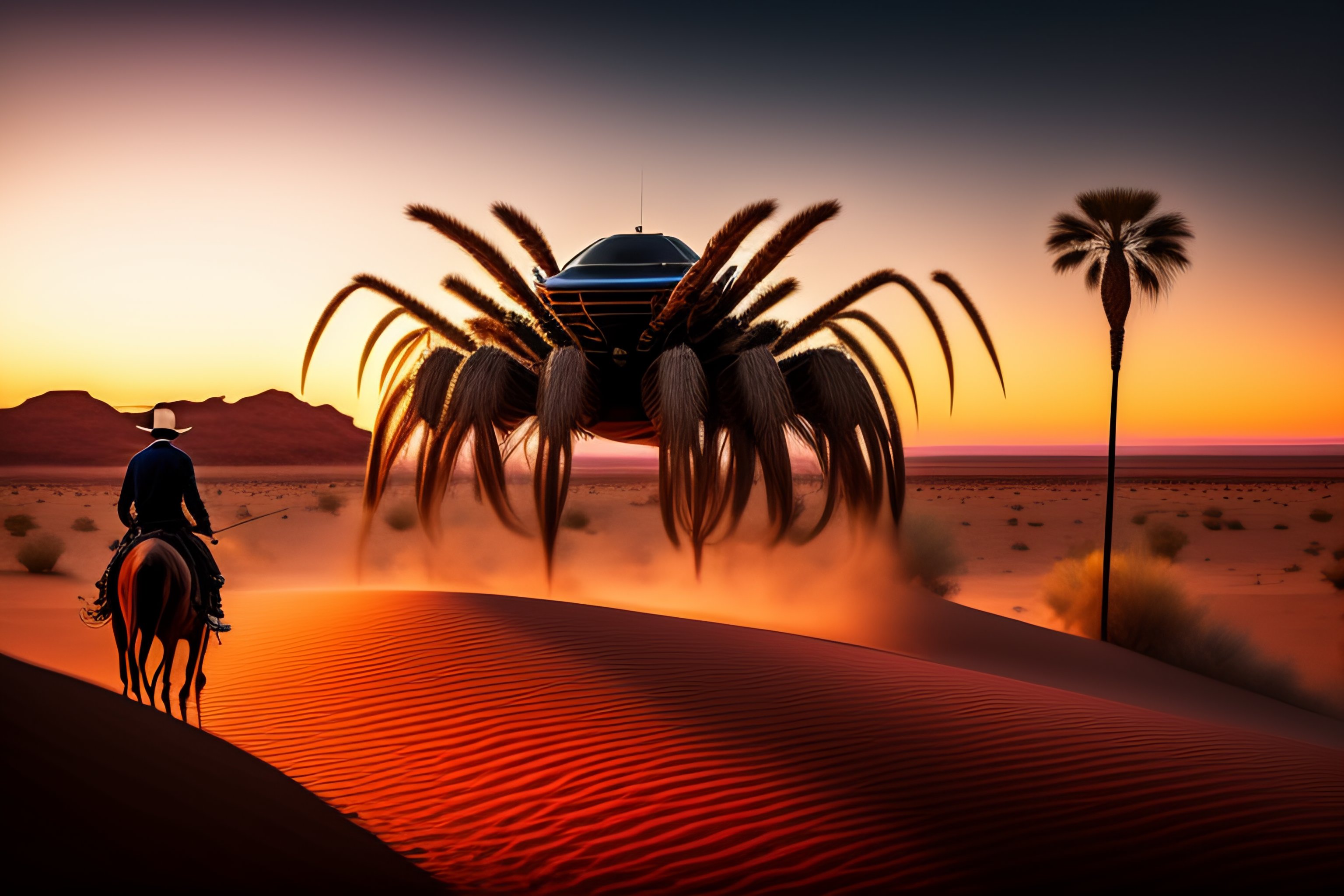 Lexica - Cowboys riding giant spiders across the desert during sunset