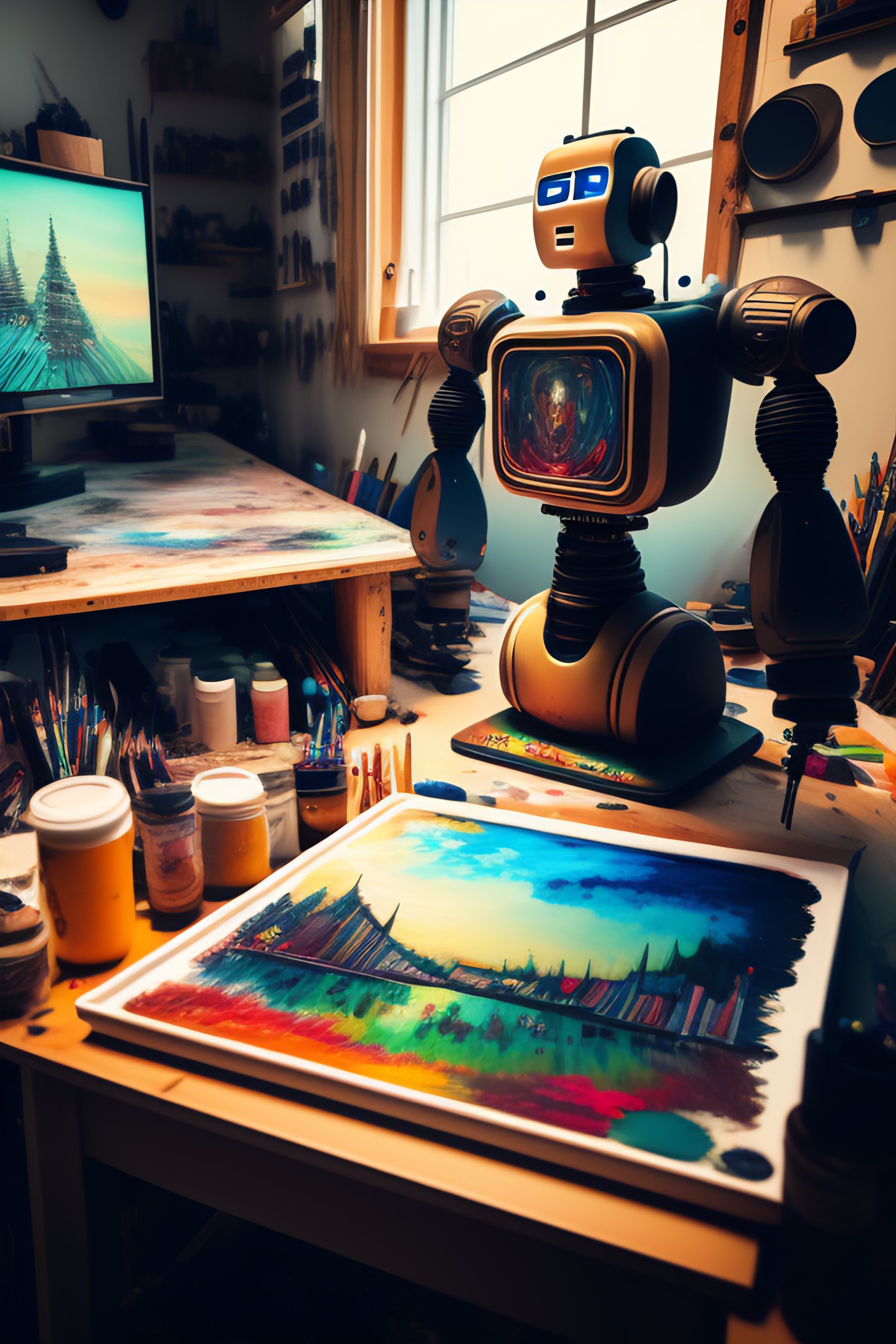 Lexica - A messy artist's workshop, inside is a robot painting a self ...