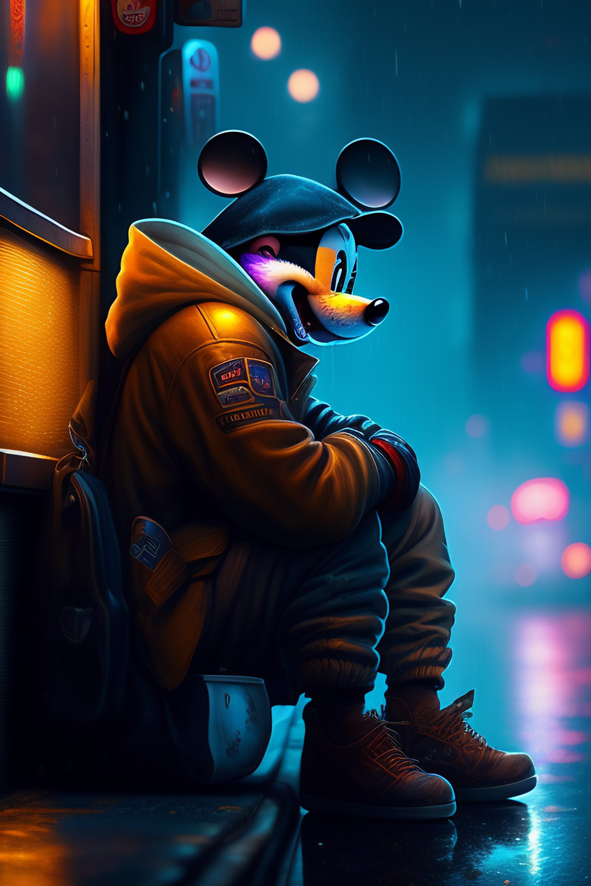 Lexica - Homeless mickey mouse sitting dejected on a curb, bottles at ...