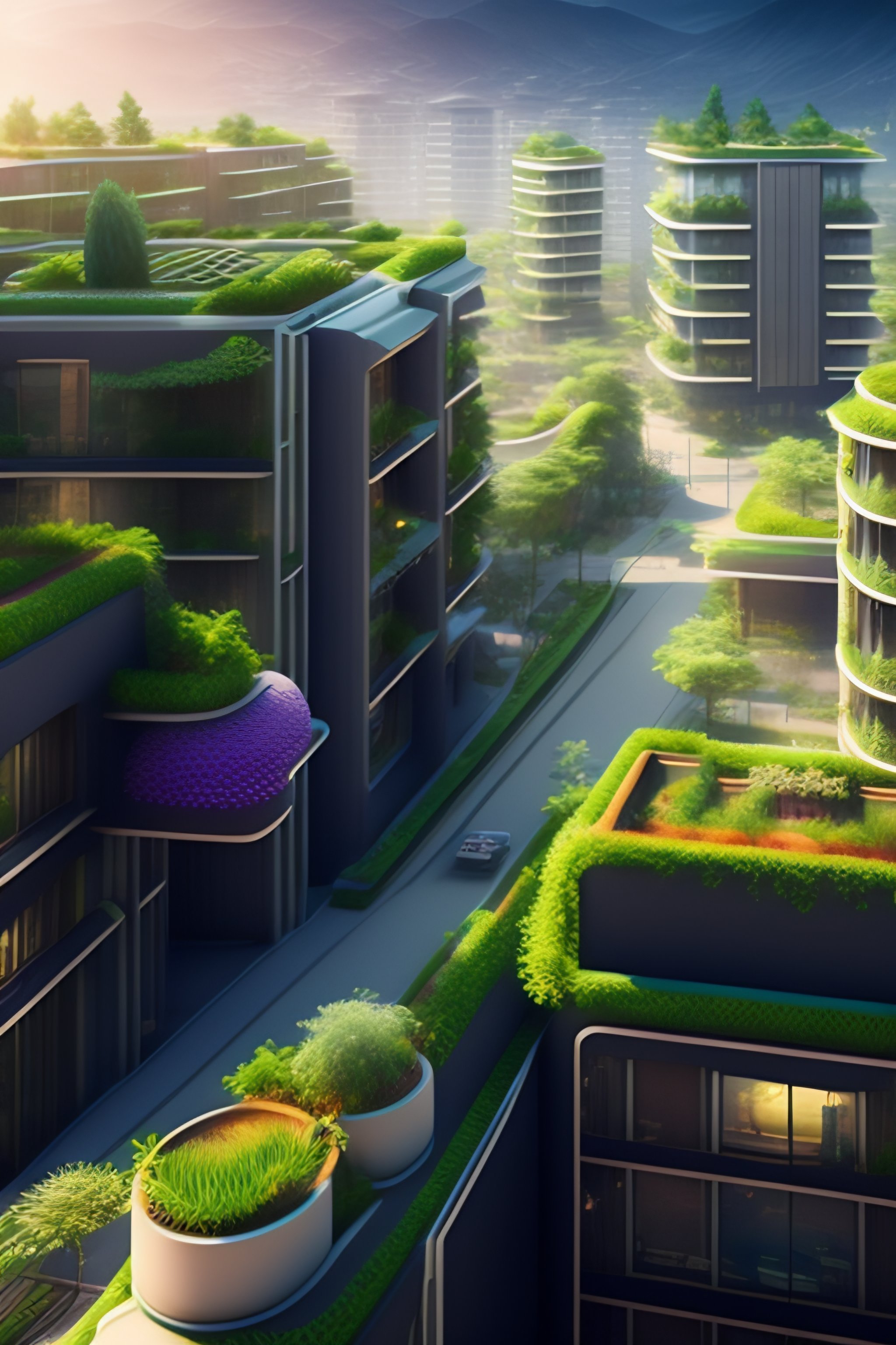 Lexica - Solarpunk street, 3 story buildings, large amounts of lush ...