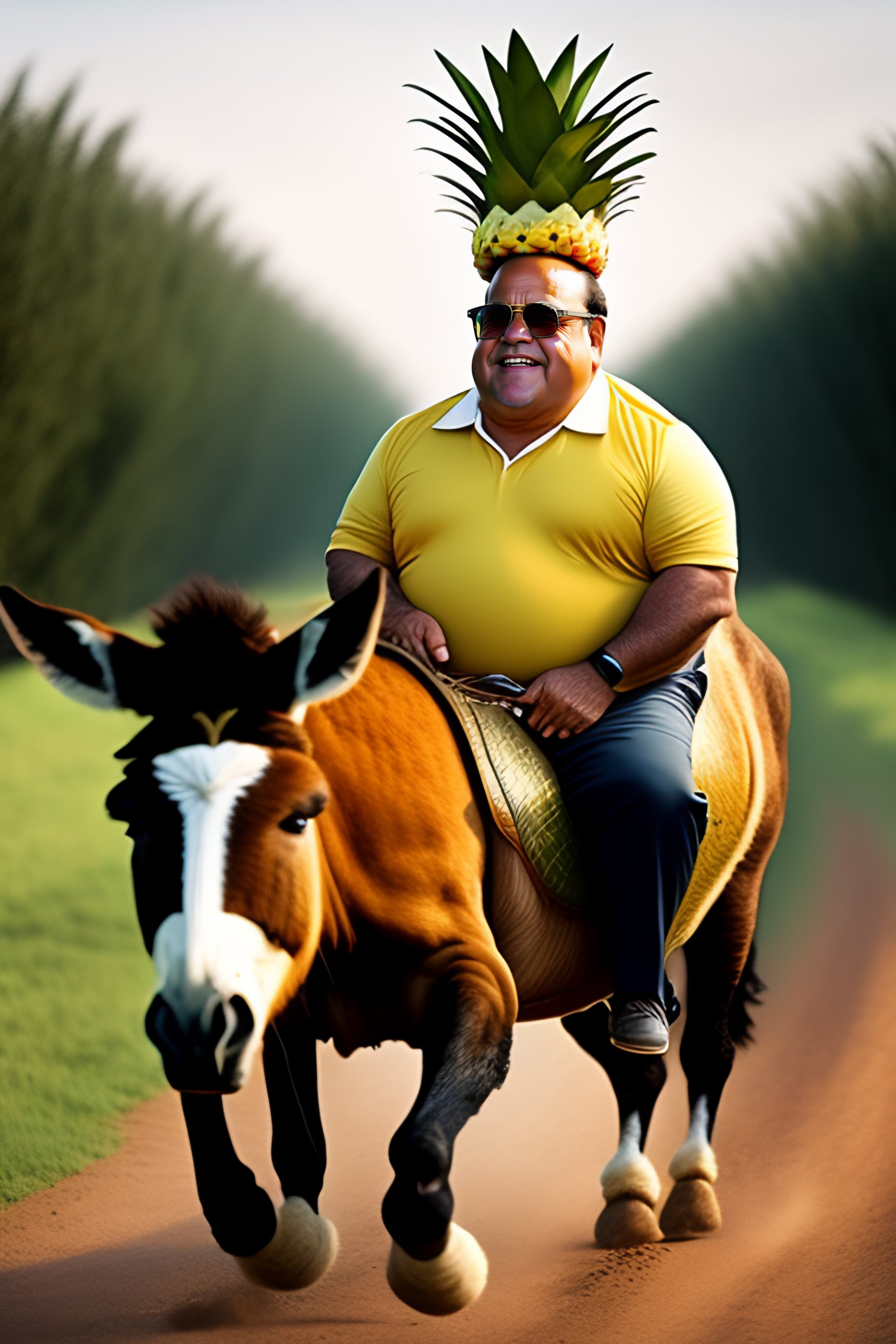 Lexica - Danny devito riding a donkey eat a big ham with pineapple on it