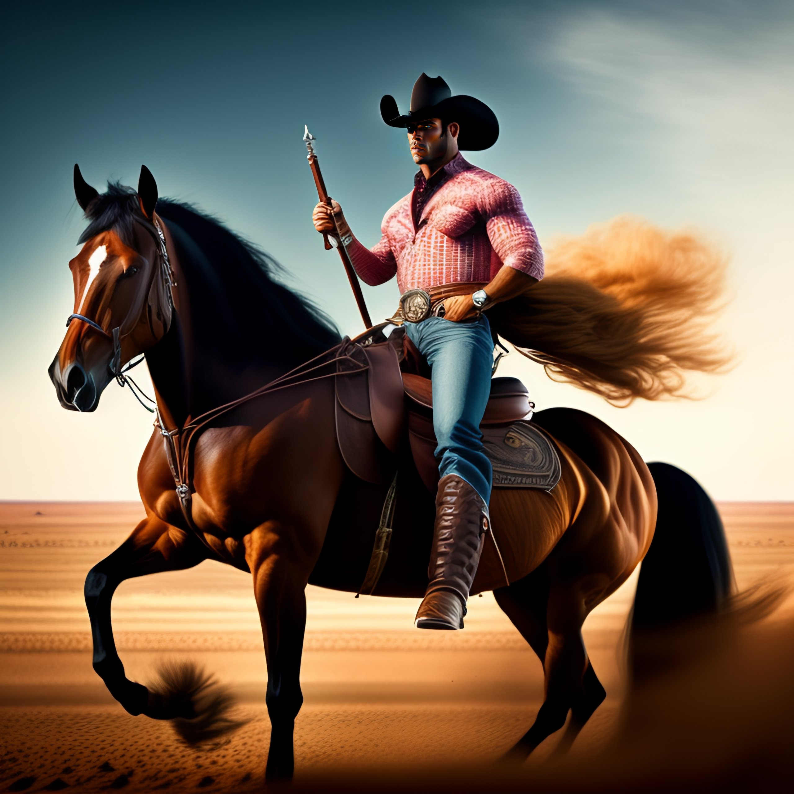 Lexica - Muscular Cowboy on a mustang horse while aiming a pistol