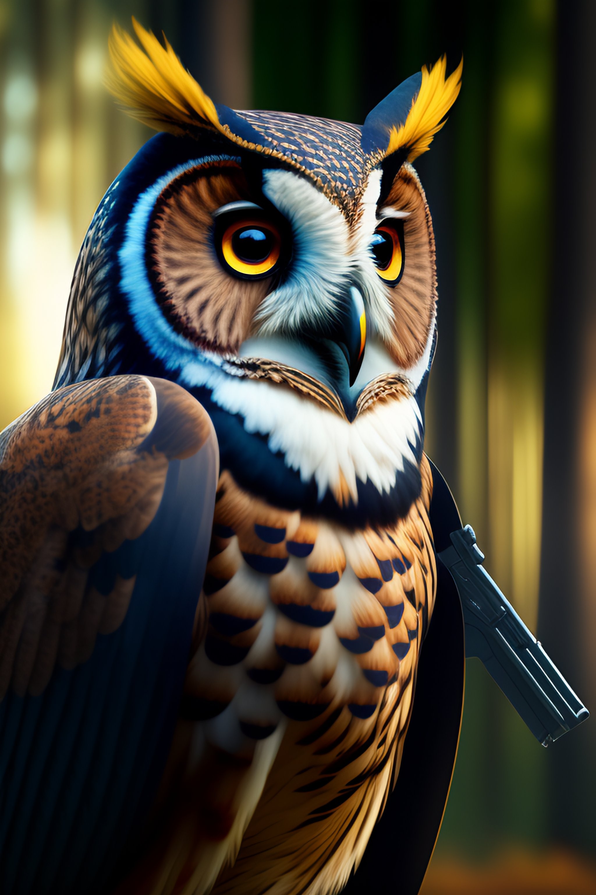 Lexica - Cool owl, (holding a gun:1.6), sunglasses, tailored costume ...