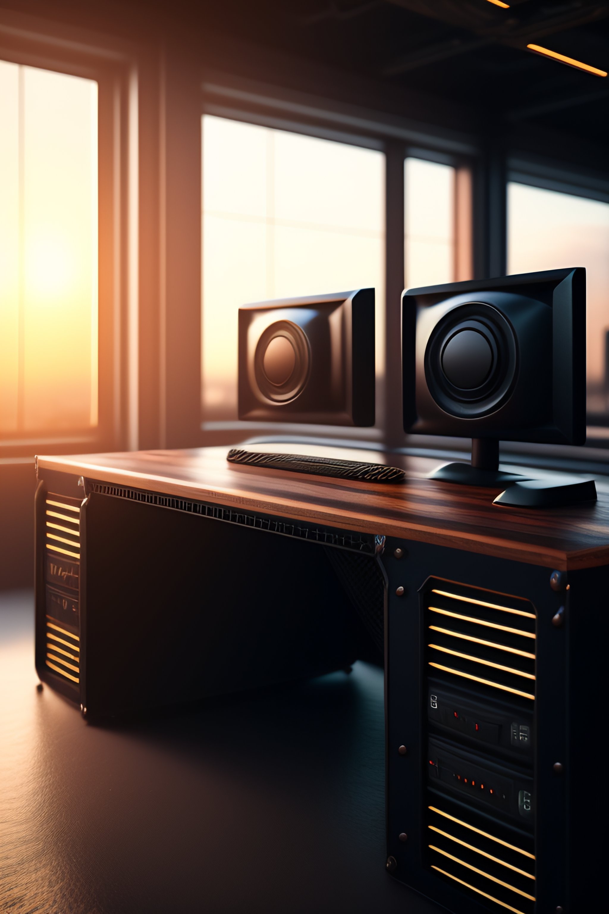 Lexica - A dark industrial wood desk with control panel on the side of ...