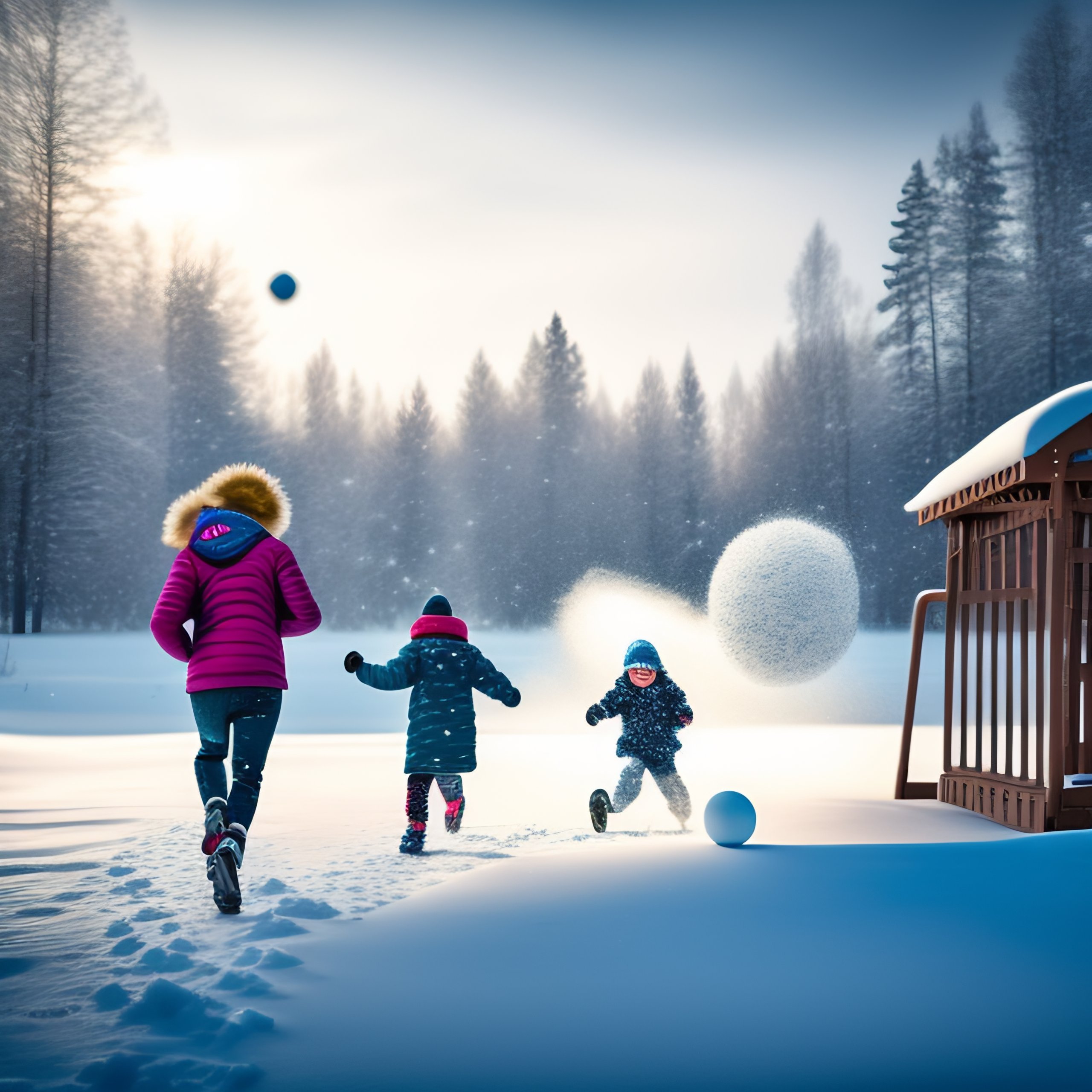 Lexica - A woman throwing snowballs at 3 kids running by a swing set in ...
