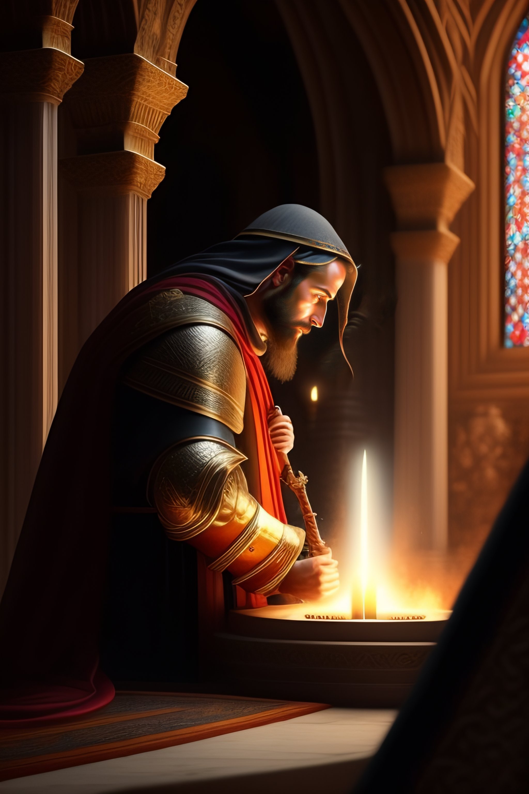 Lexica - Templar priest knight knelling and praying in a grand chappel ...