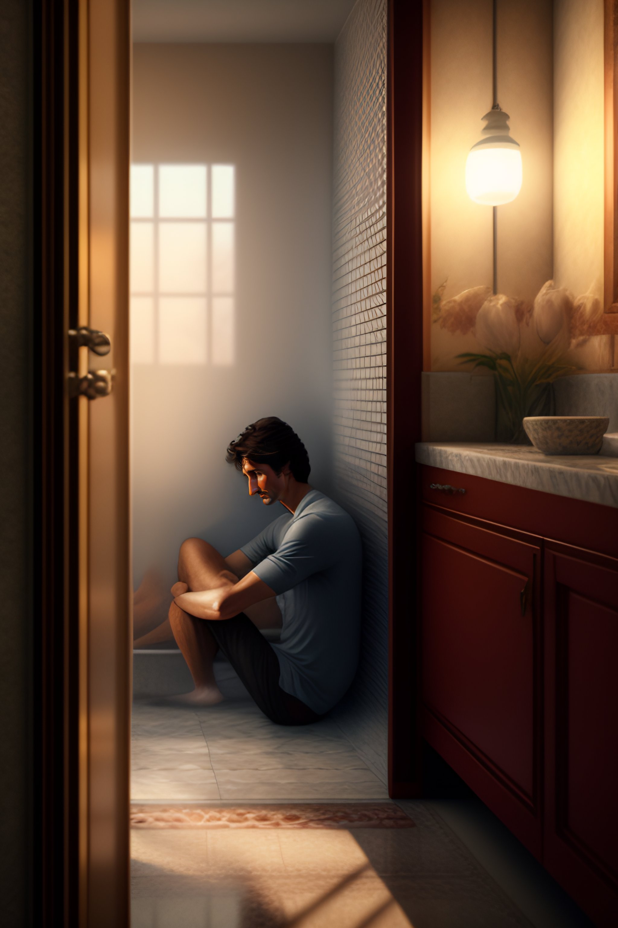 Lexica - An exhausted justin trudeau in his tiled bathroom, key ...