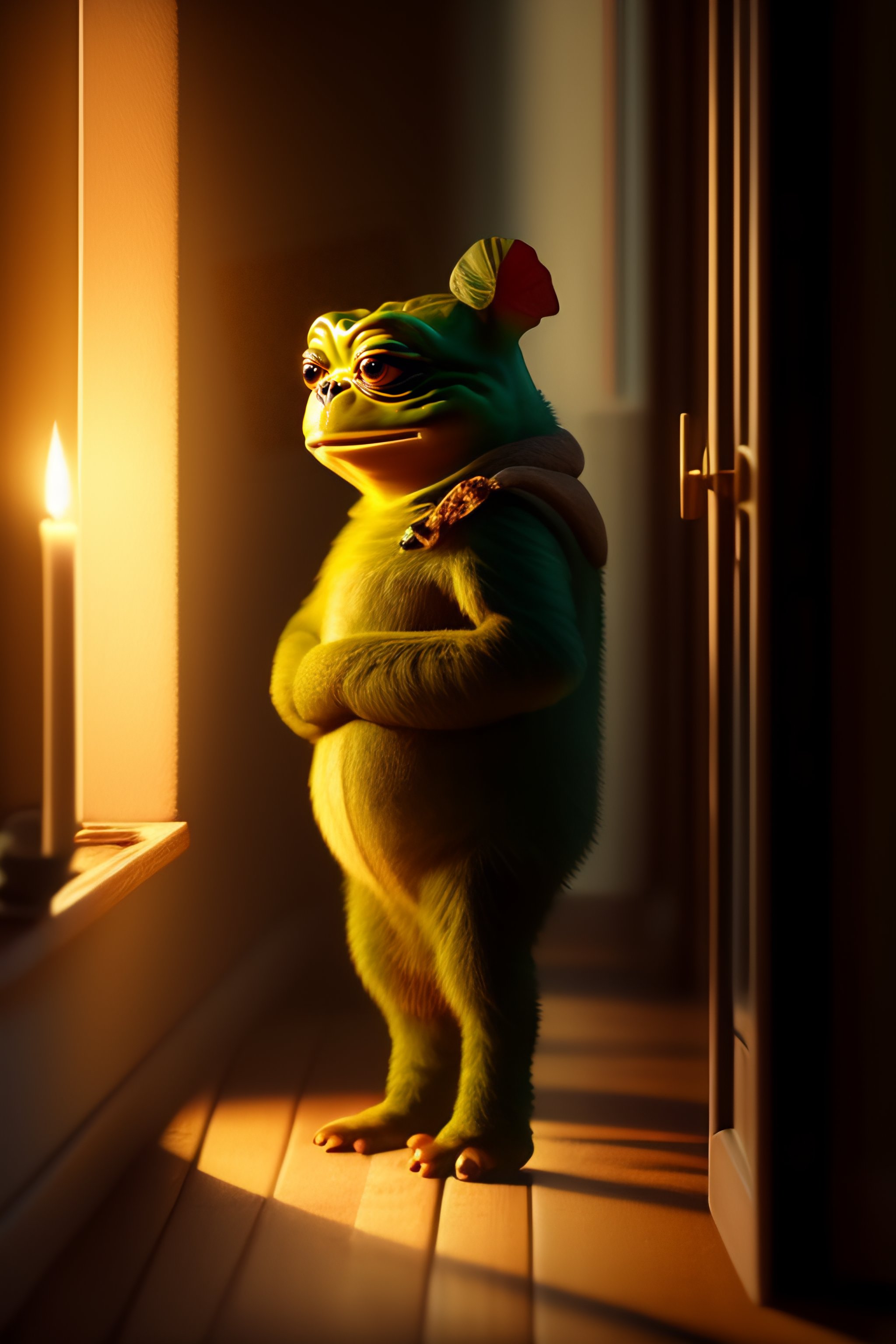 Lexica - An exhausted pepe the frog in his studio walking down his ...