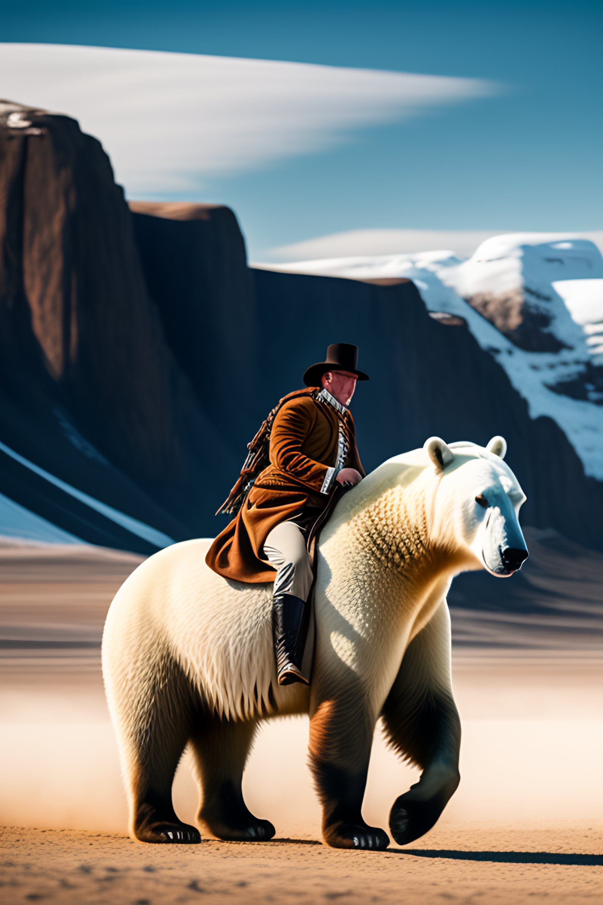 Lexica - Polar bear riding on a large horse in the wild wild west.