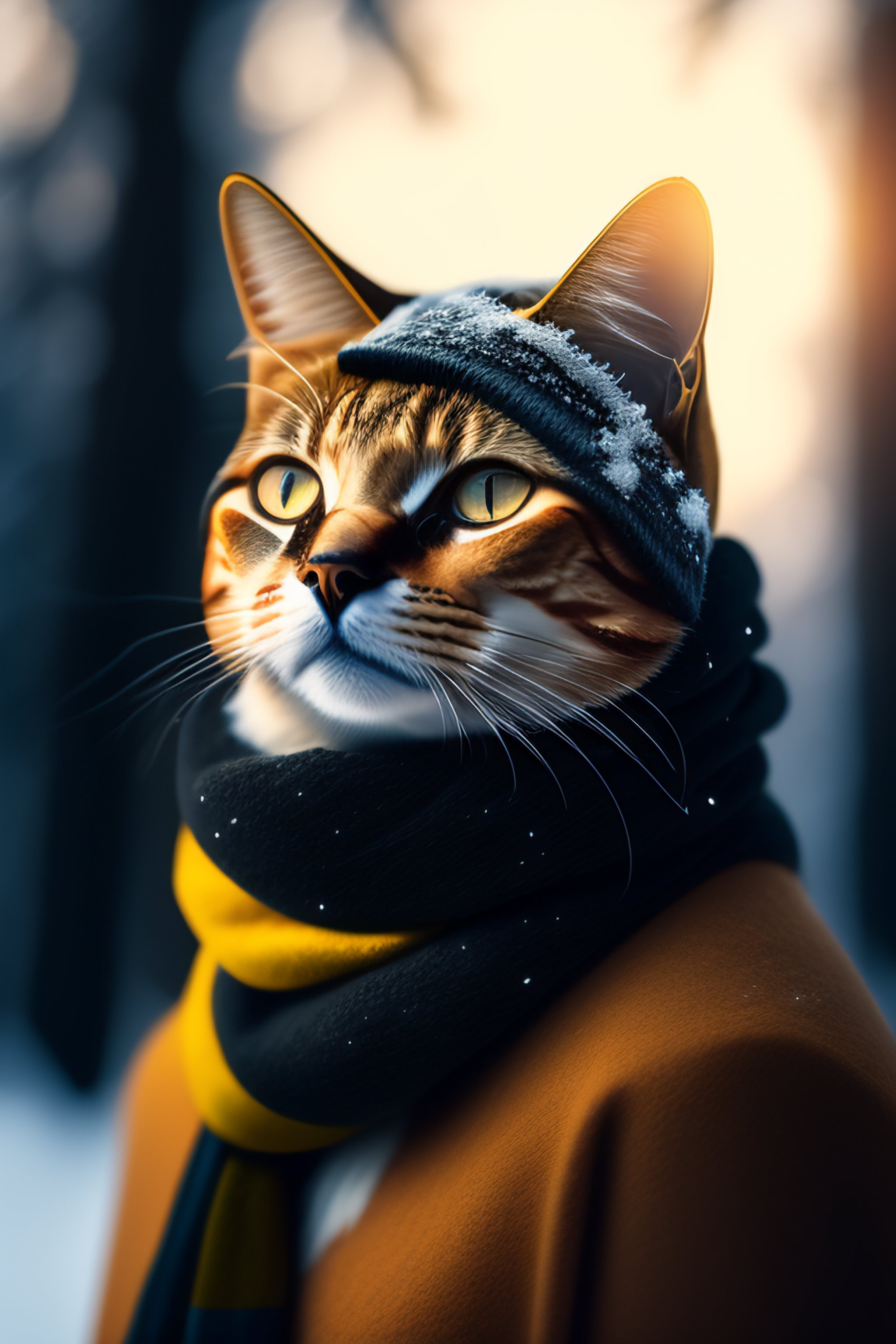 Lexica - Analog style, cat in a hat and scarf, it's snowing in the ...